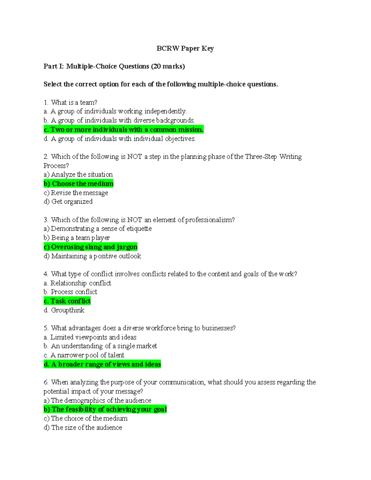 BCRW-File Key - Summary - BCRW Paper Key Part I: Multiple-Choice ...