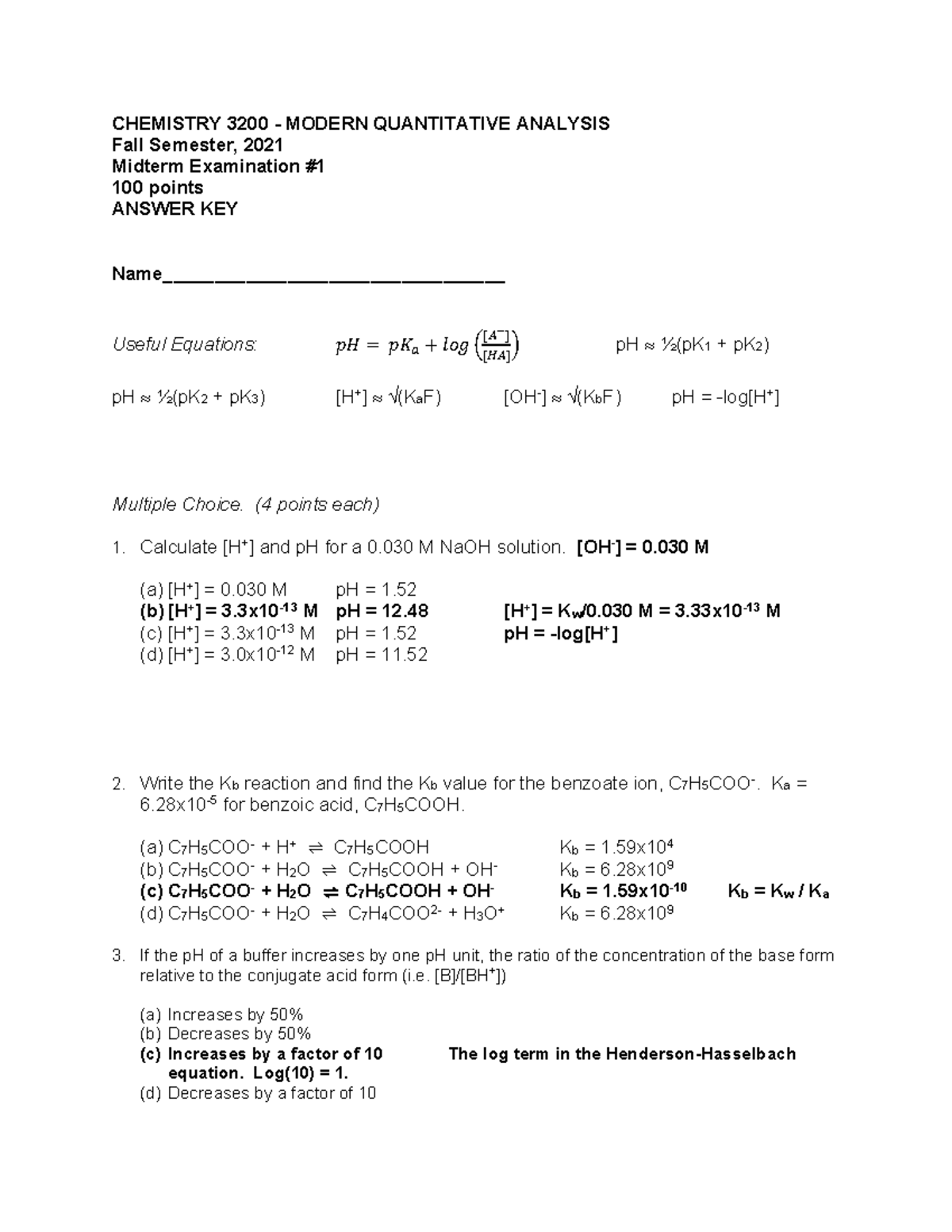 MT2F21 Answer Key - Midterm #2 - CHEMISTRY 3200 - MODERN QUANTITATIVE ANALYSIS Fall Semester ...