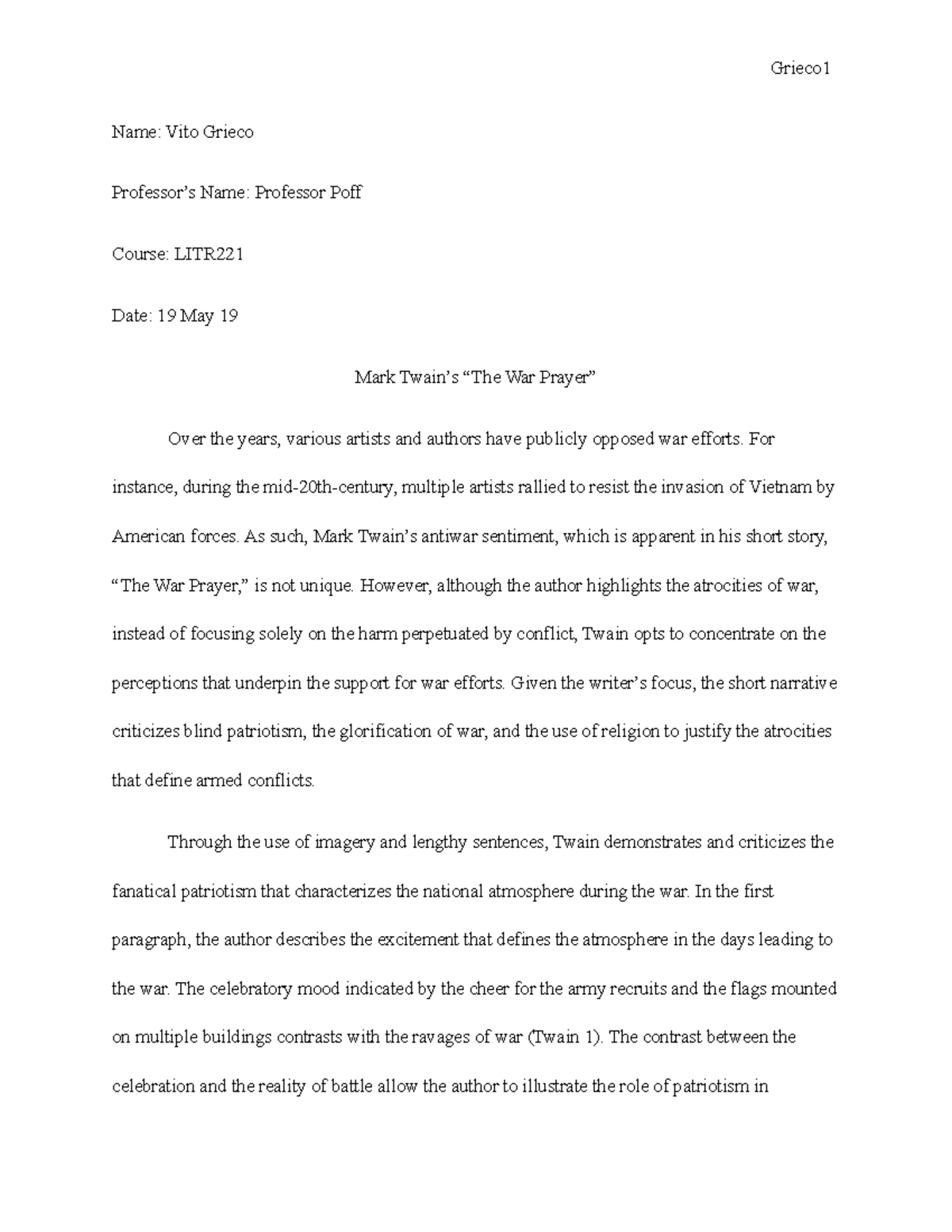 Mark Twain War Prayer - Name: Vito Grieco Professor’s Name: Professor ...