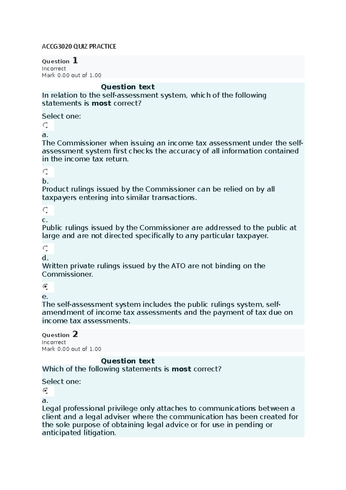 Accg3020 quiz - ACCG3020 QUIZ PRACTICE Question 1 Incorrect Mark 0 out ...