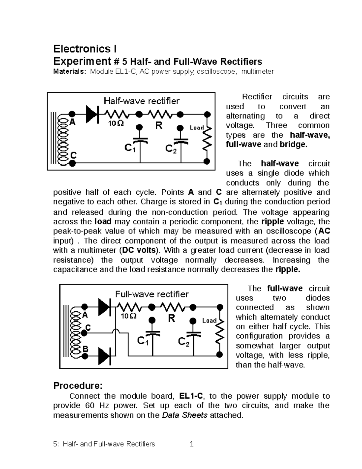 Half-and-Full-Rectifiers-Lab-Exp - Electronics I Experiment # 5 Half- and Full-Wave Rectifiers ...