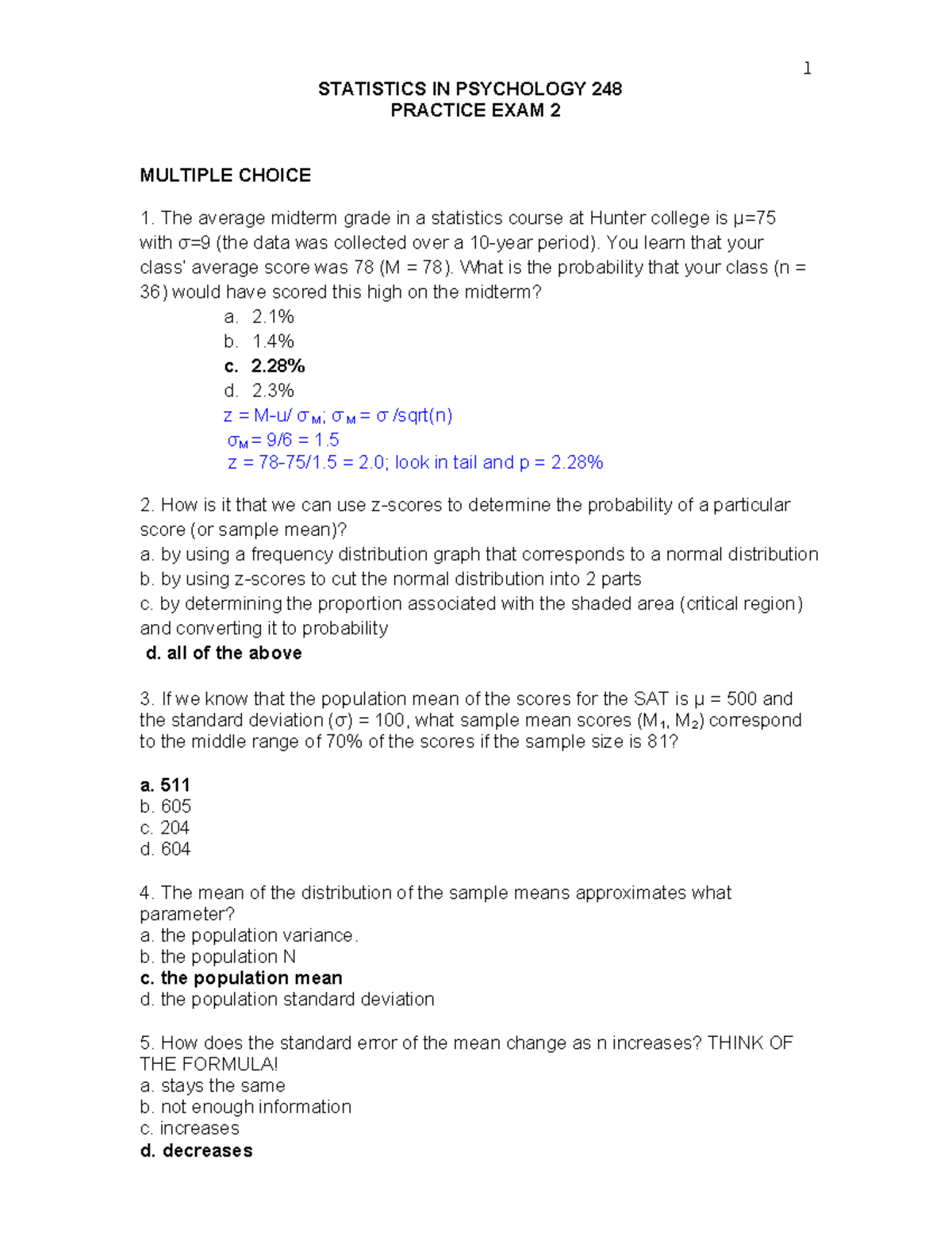 Practice Exam 2 KEY - Exam lecture - STATISTICS IN PSYCHOLOGY 248 ...