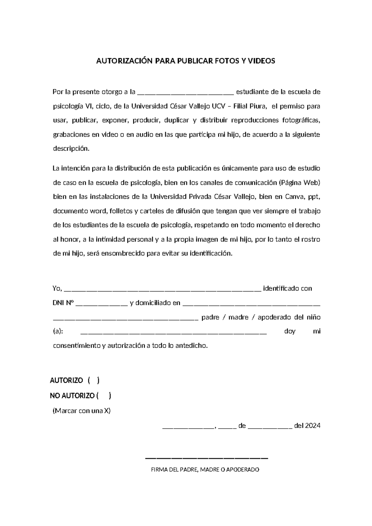 Autorización PARA Publicar Fotos Y Videos - AUTORIZACIÓN PARA PUBLICAR ...