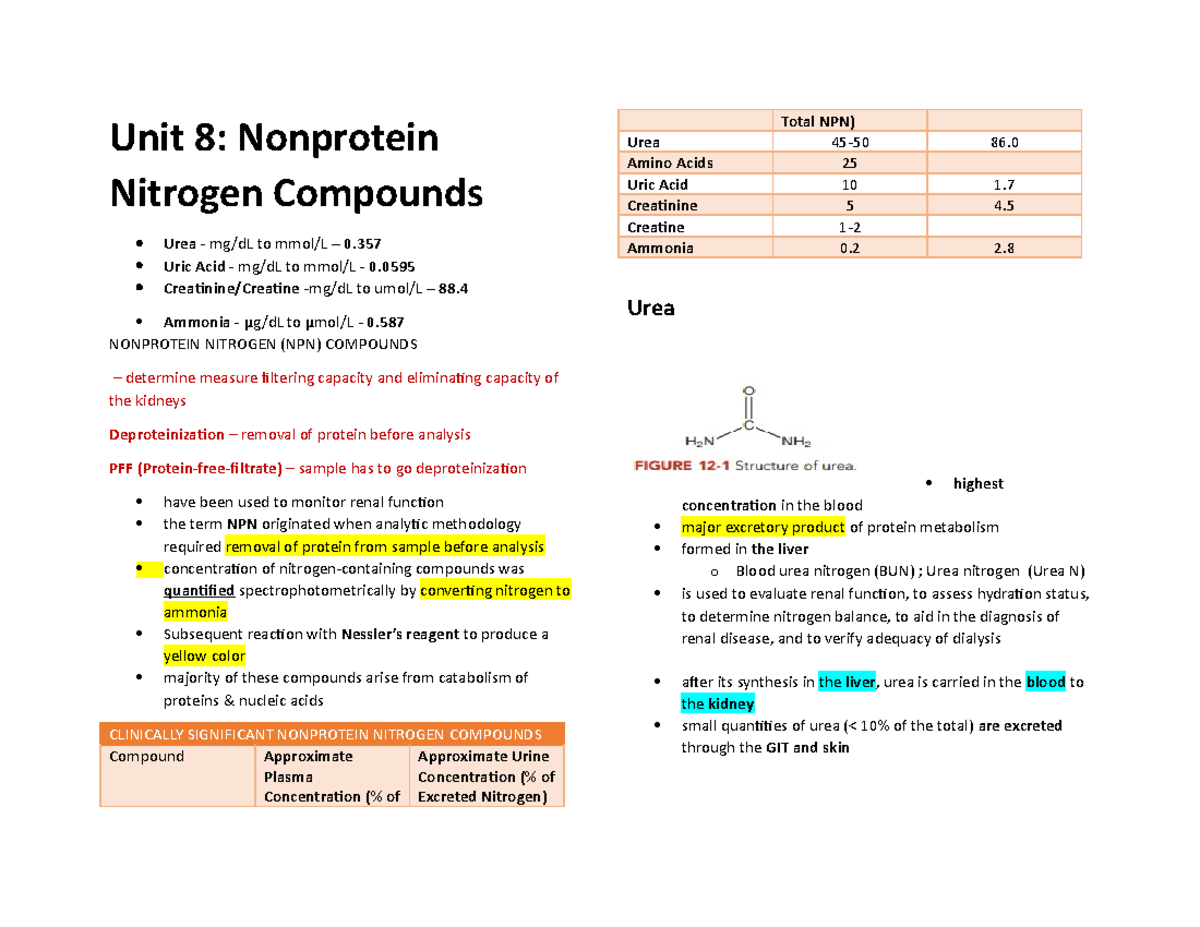 Unit 8. Non Protein Compounds - Unit 8: Nonprotein Nitrogen Compounds ...
