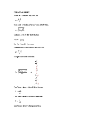 Formula sheet of all quantitative techniques - FORMULA SHEET: Mean of a ...