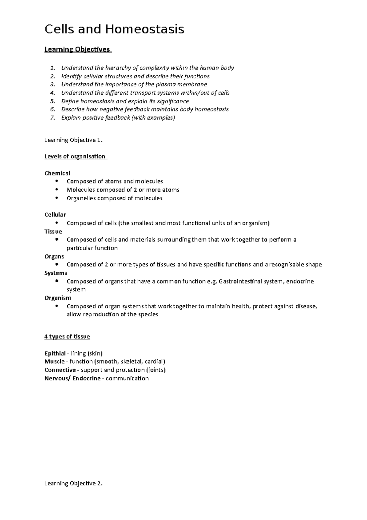 Cells and Homeostasis - Cells and Homeostasis Learning Objectives 1. 2 ...