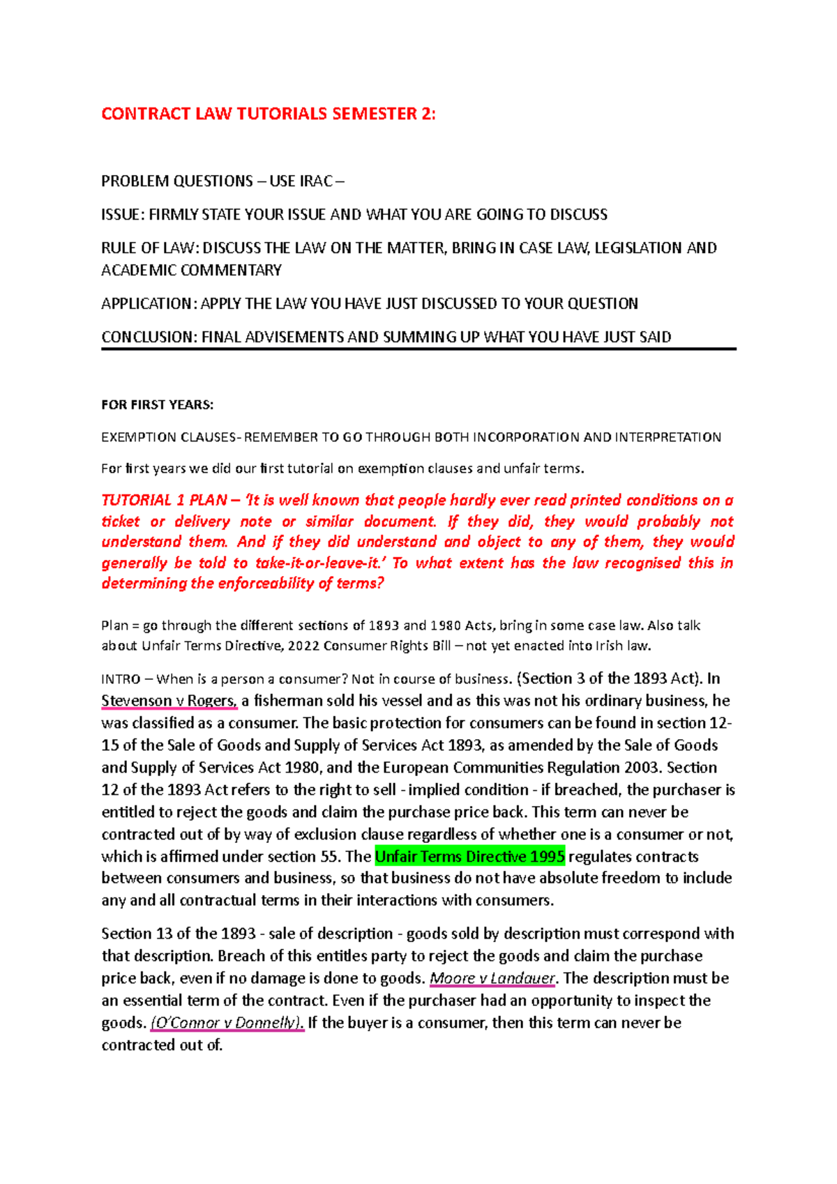Detailed plan - CONTRACT LAW TUTORIALS SEMESTER 2: PROBLEM QUESTIONS – USE IRAC – ISSUE: FIRMLY ...