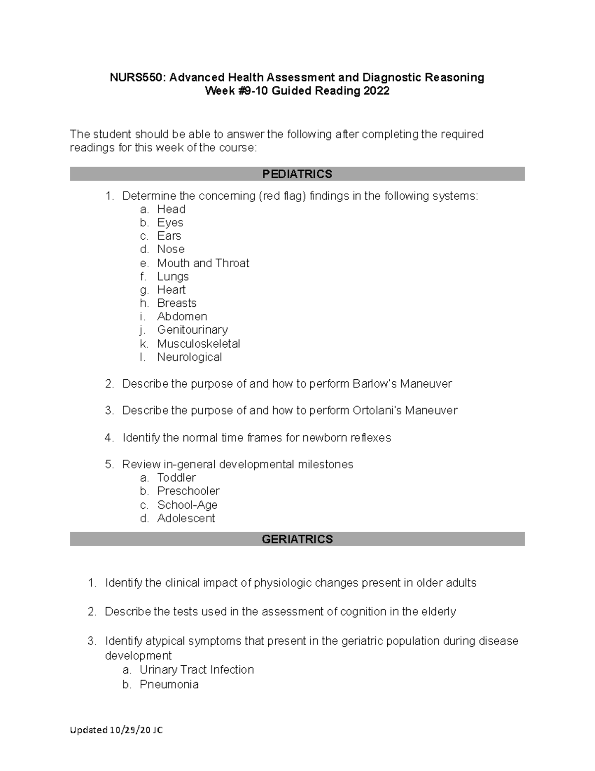 Week 9-10 Guided Reading - NURS550: Advanced Health Assessment and ...