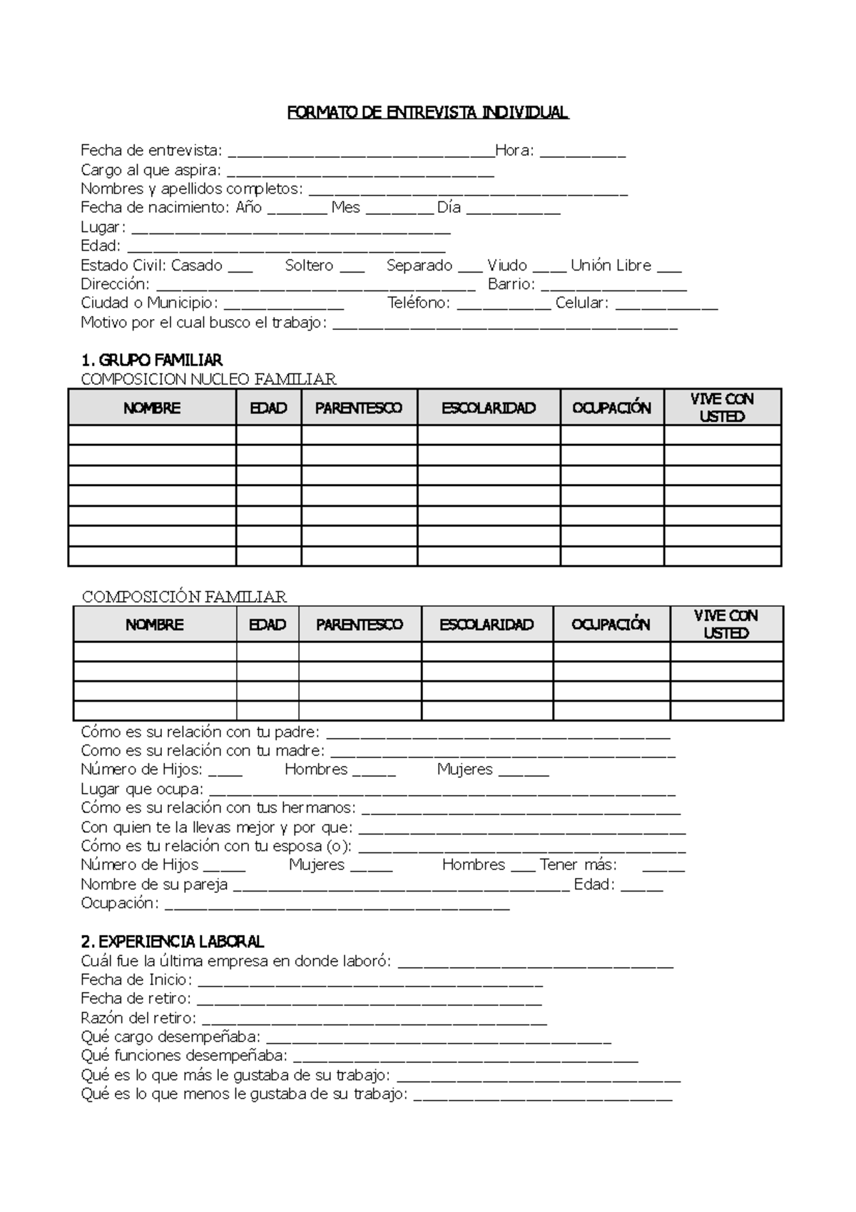 Entrevista-de-trabajo 1 - FORMATO DE ENTREVISTA INDIVIDUAL Fecha de ...