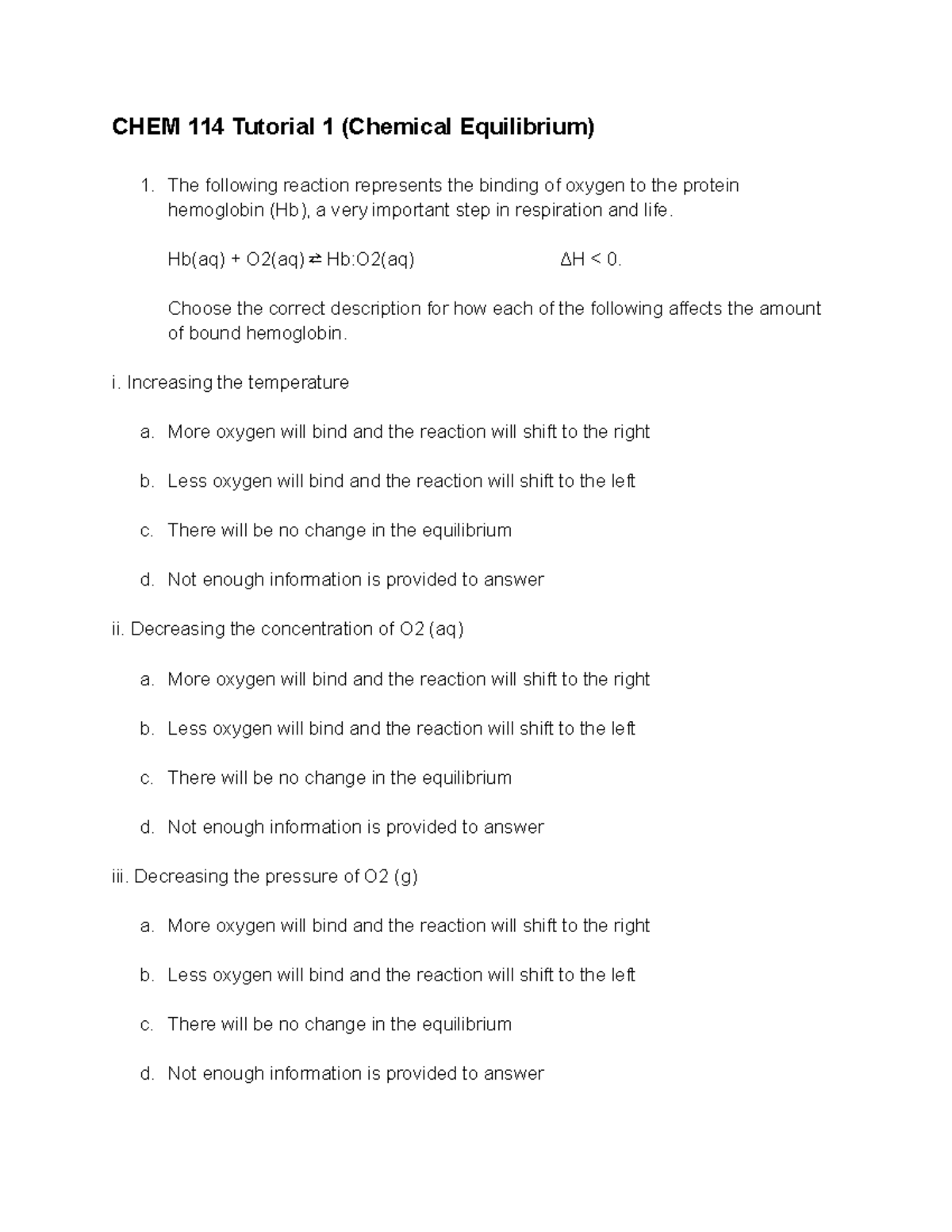 CHEM 114 Tutorial 1 (Chemical Equilibrium) - CHEM 114 Tutorial 1 ...