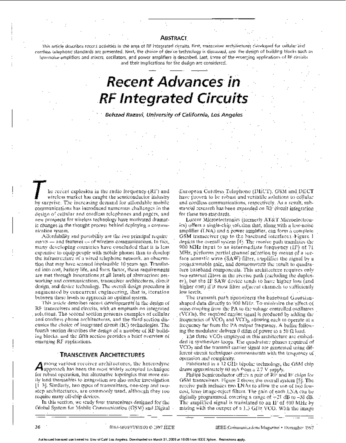 Recent Advances in RF Integrated Circuits Razavi - ABSTRACT zyxwv This ...