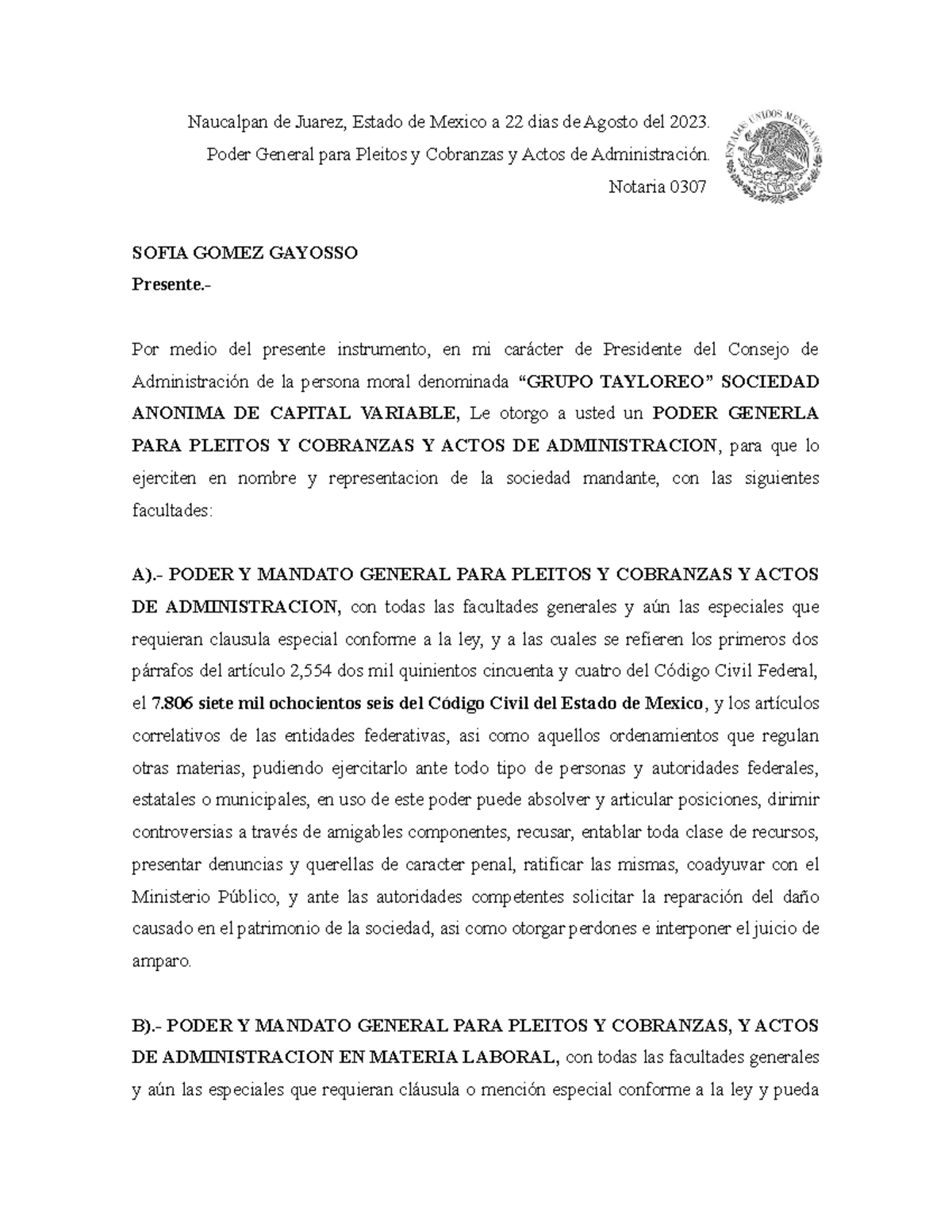Poder Notarial - Naucalpan de Juarez, Estado de Mexico a 22 dias de ...