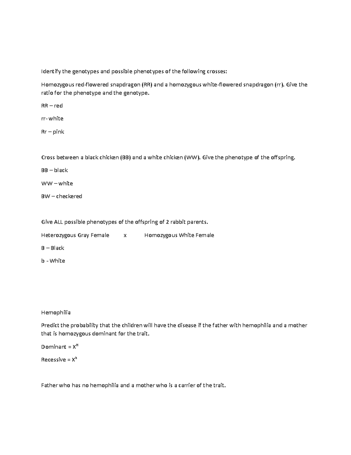 Genetics G9 - Practice problems on the use of Punnett Square - Identify ...