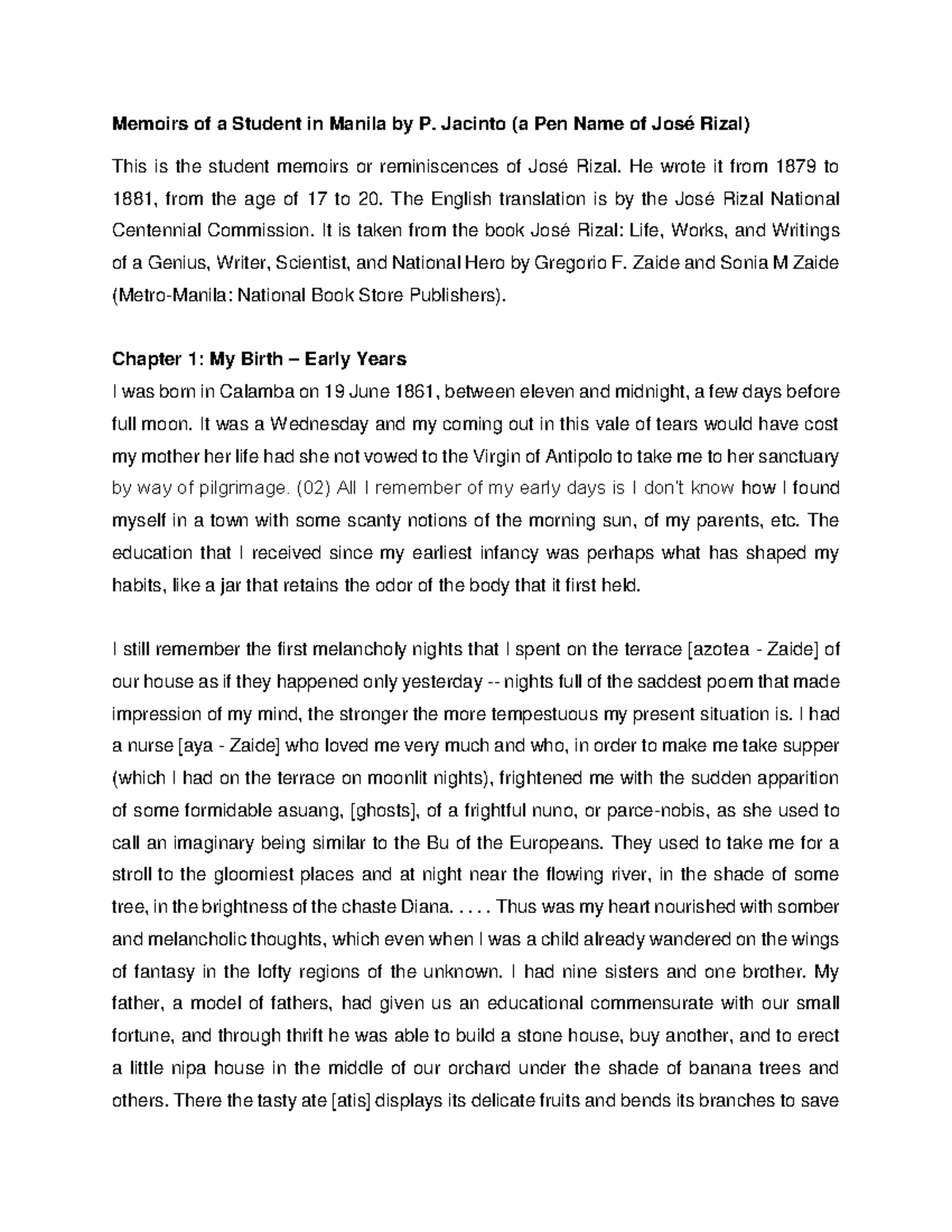 Memoirs of a Student in Manila - Jacinto (a Pen Name of José Rizal ...