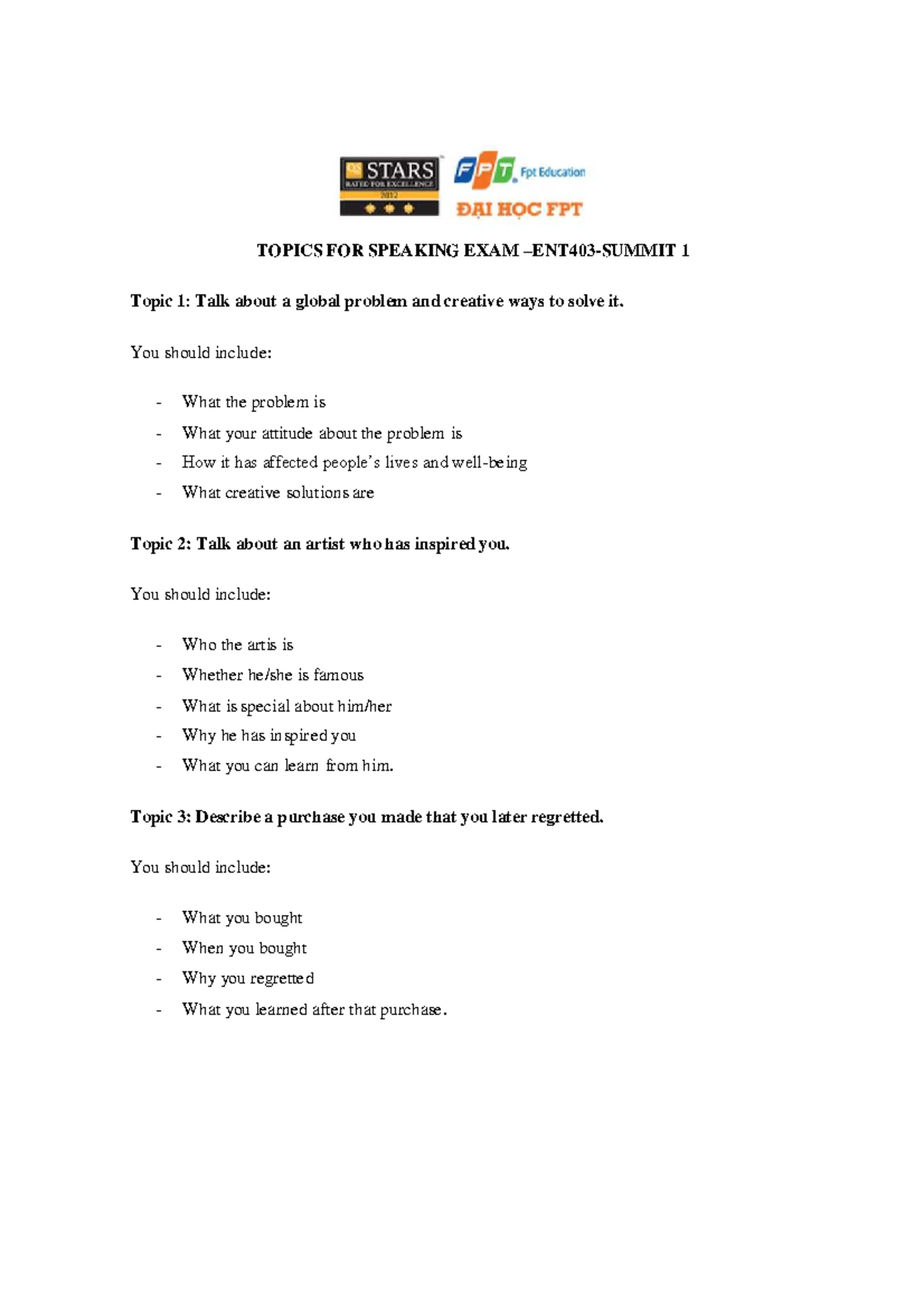 Ent403-topics-for-speaking-exam compress - TOPICS FOR SPEAKING EXAM ...