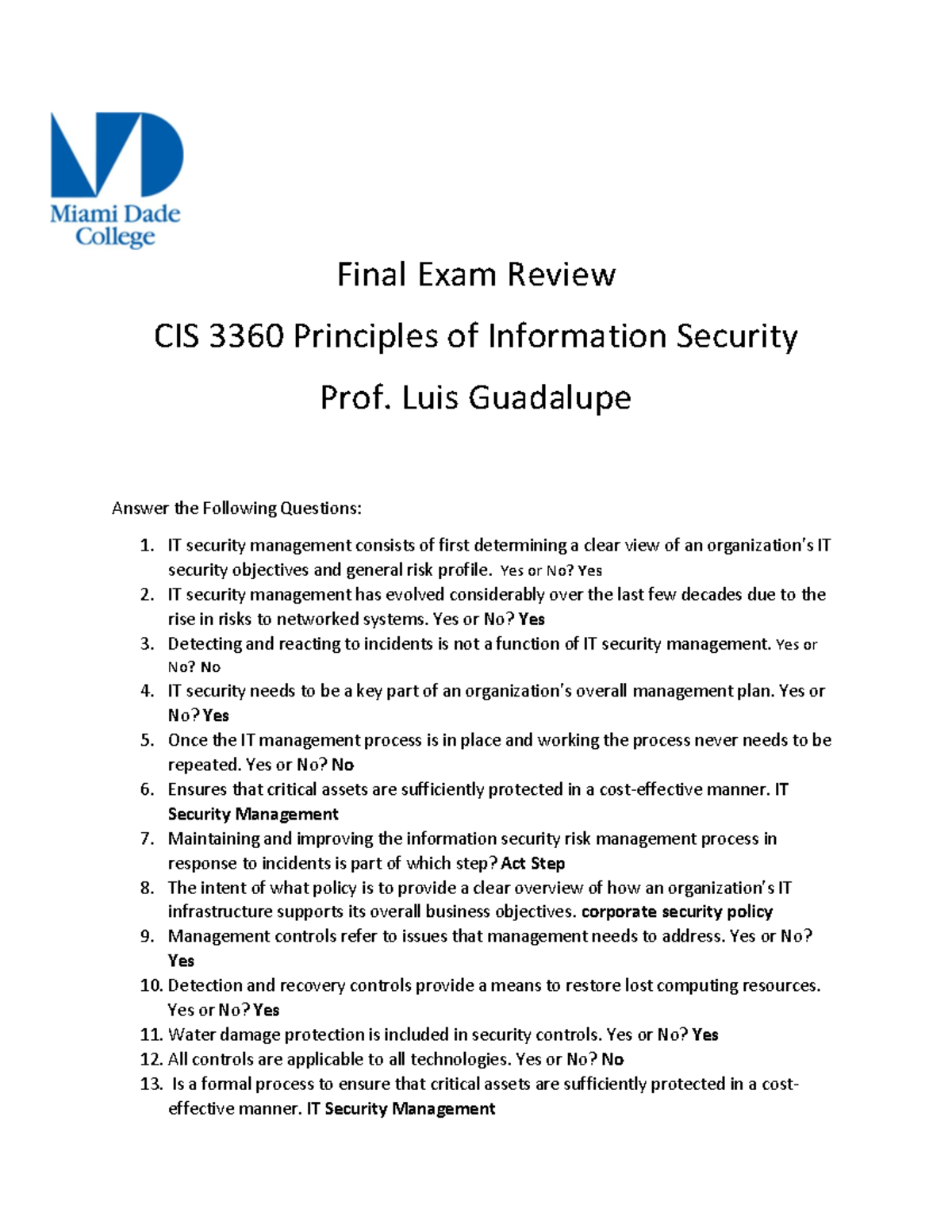 Info Sec Final Exam Review Answered - Final Exam Review CIS 3360 Principles of Information ...