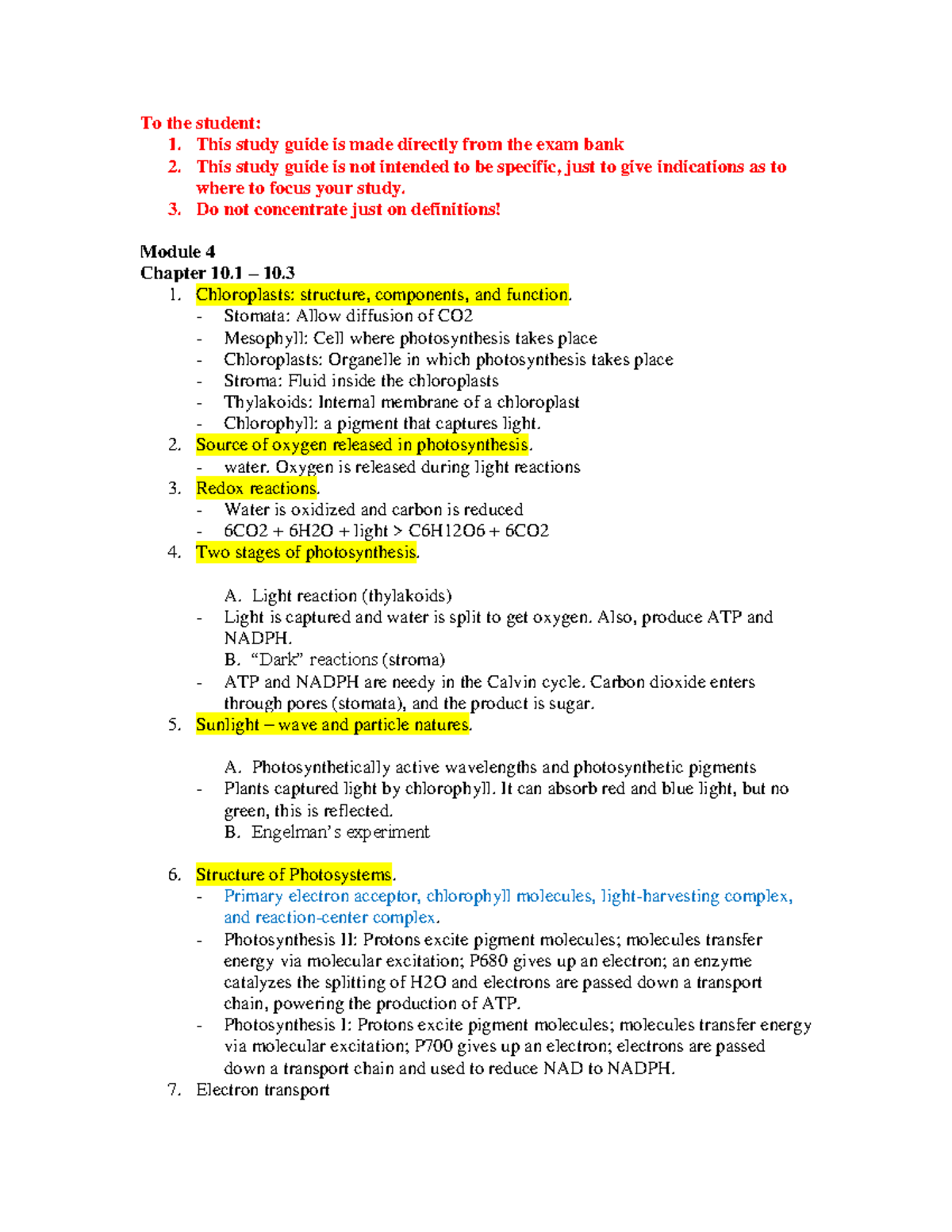 Module 4E study guide - To the student: 1. This study guide is made ...