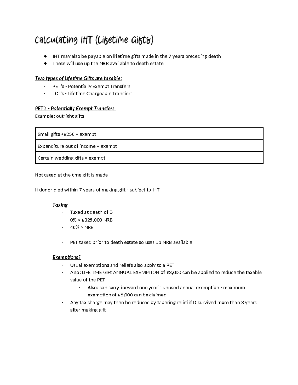 IHT on Lifetme Gifts - IHT may also be payable on lifetime gifts made ...