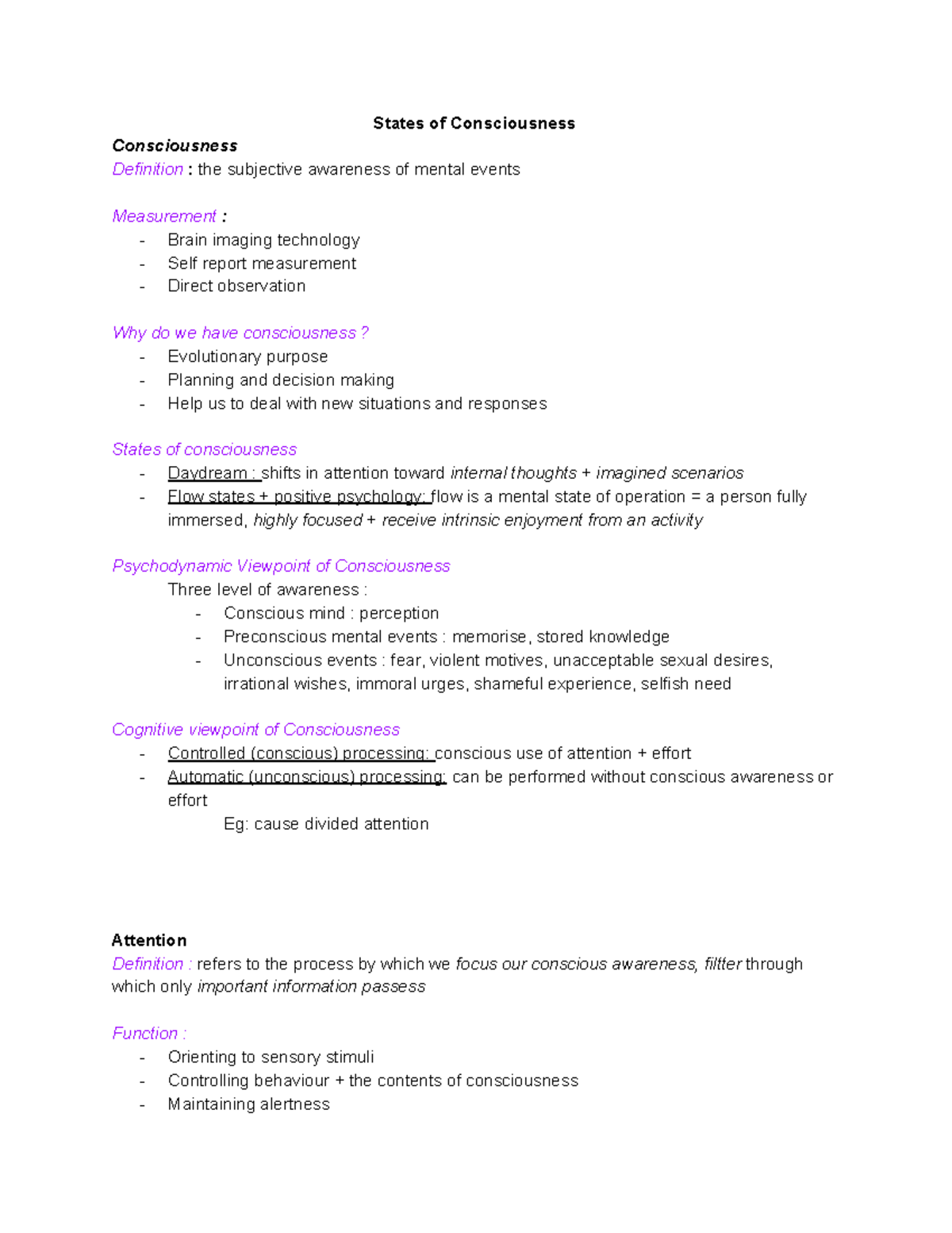 State of Consciousness Notes - States of Consciousness Consciousness ...