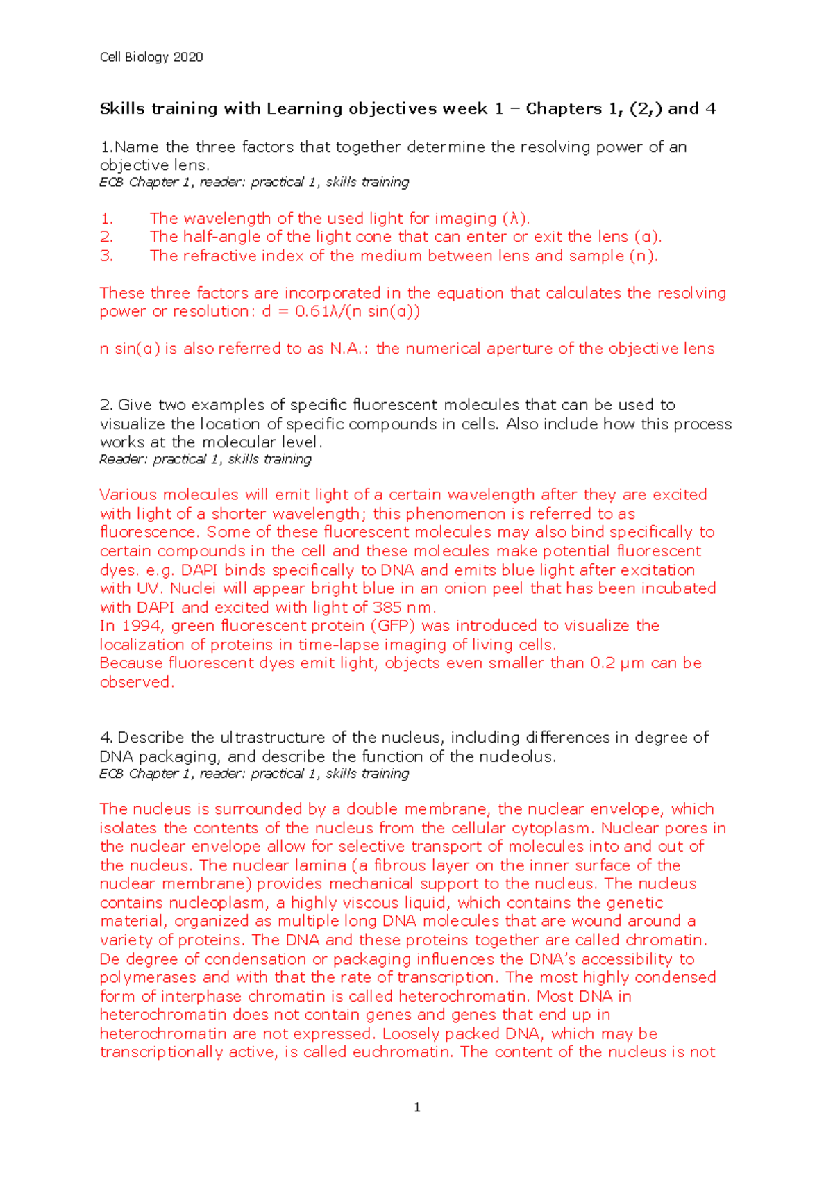 Learning objectives week 1 2020 summaries - Cell Biology 2020 Skills training with Learning ...