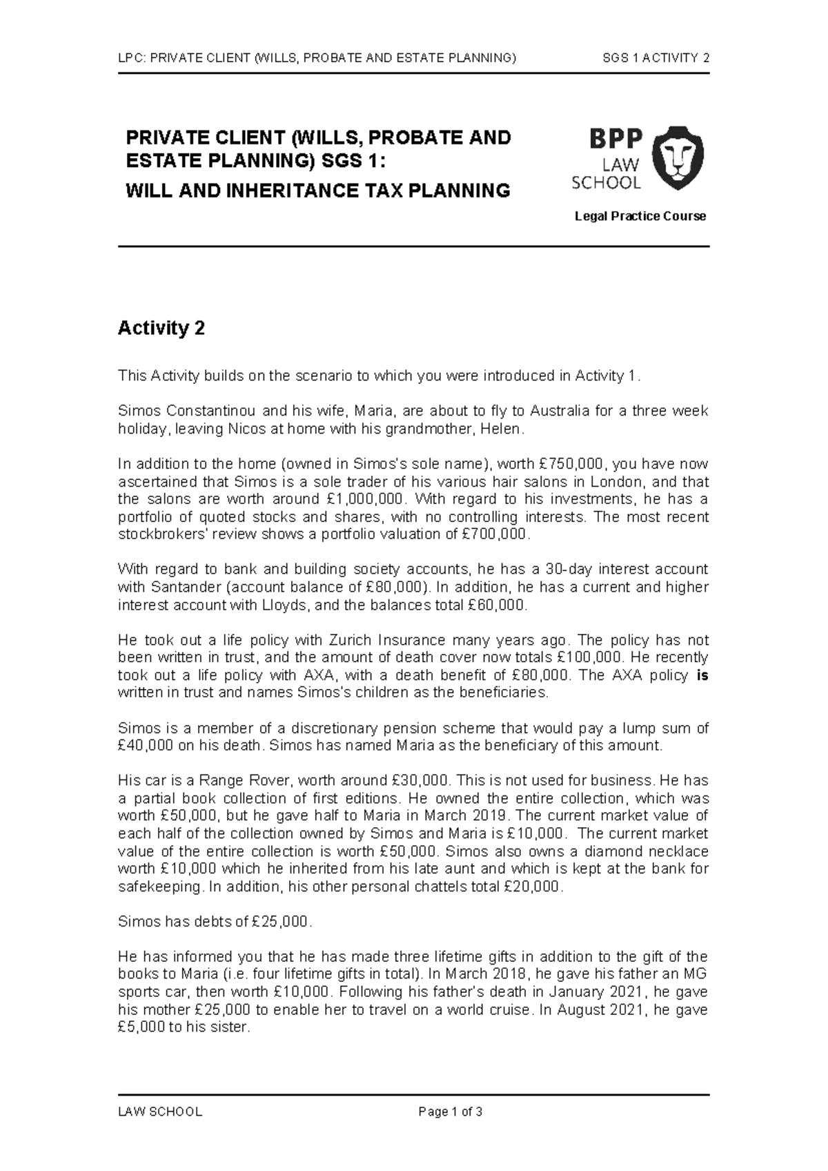 PC WPEP SGS 1 Activity 2 23-24 - LPC: PRIVATE CLIENT (WILLS, PROBATE ...