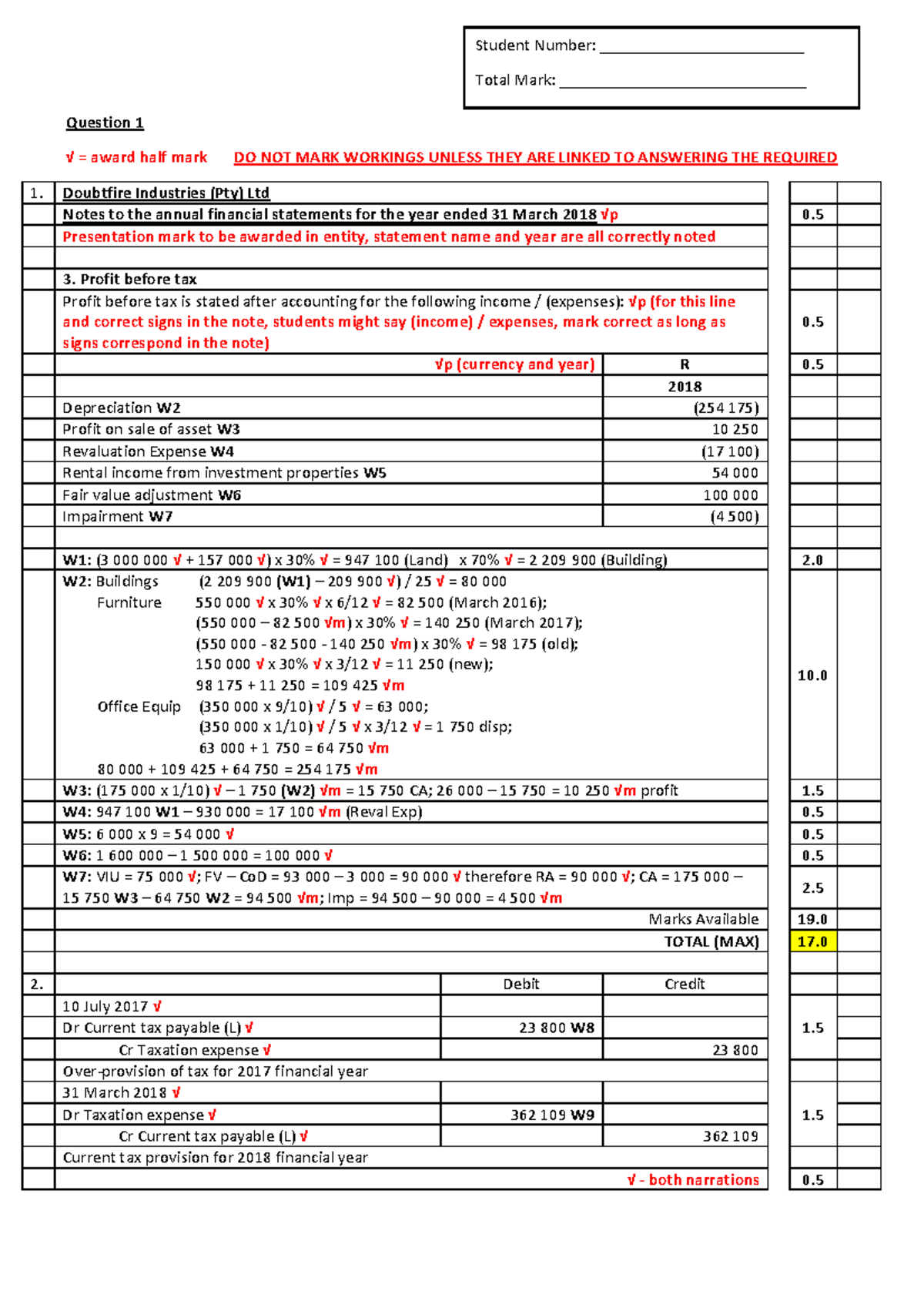2018 Test 2 Solution - Question 1 √ = award half mark DO NOT MARK ...
