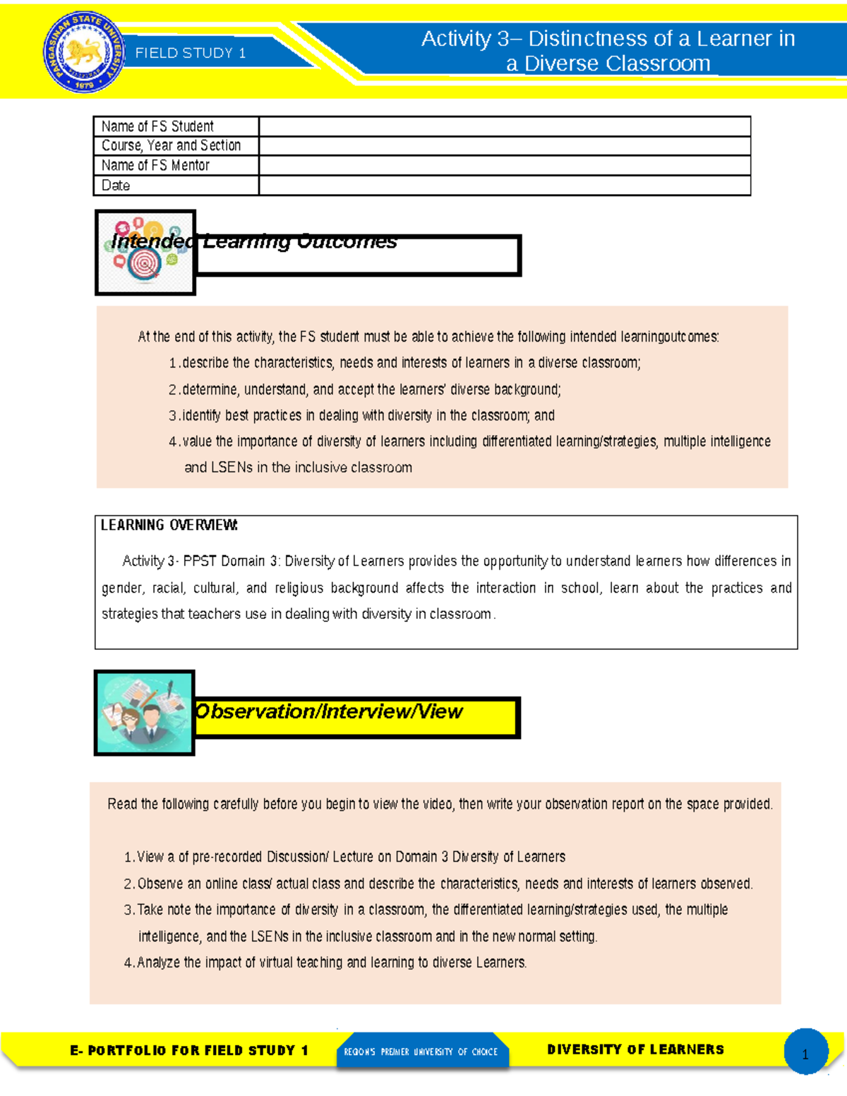 F FS1 Activity 3 updated - Intended Learning Outcomes Observation/Interview/View Name of FS ...