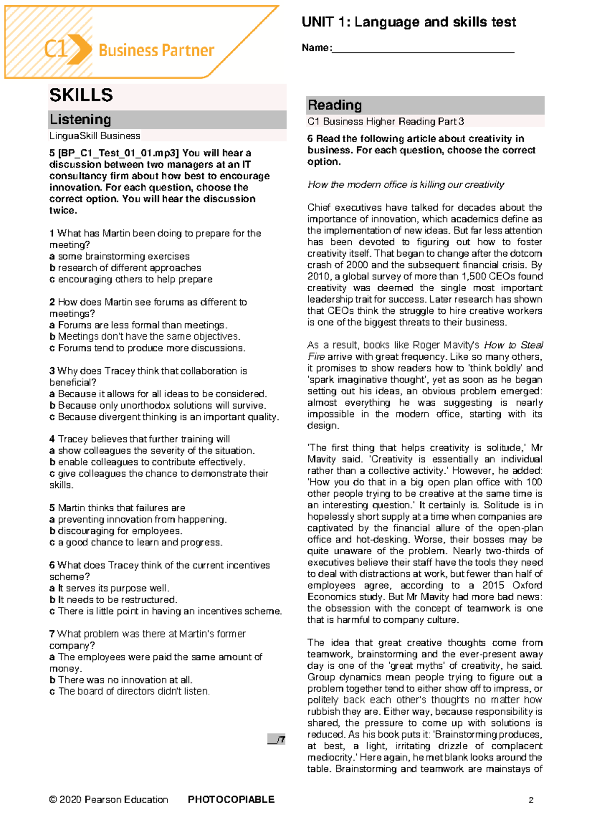 Linguaskill Sample - UNIT 1: Language and skills test Name