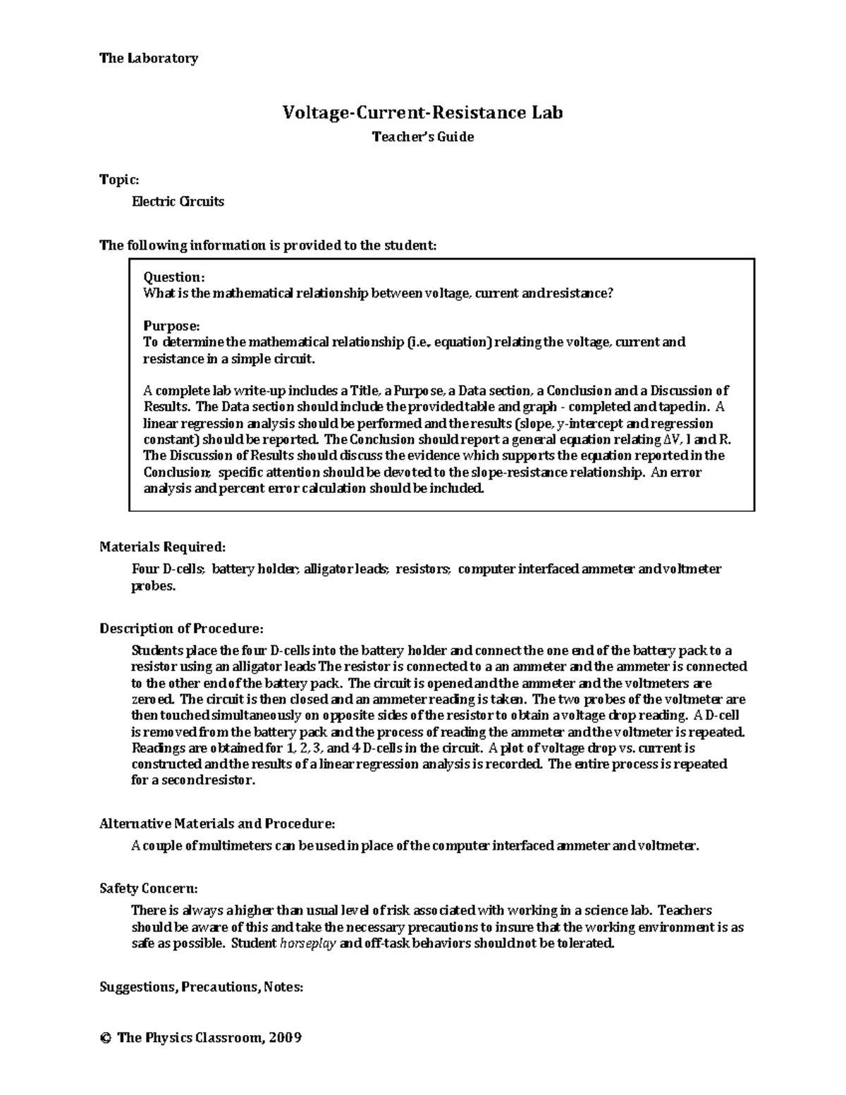 The Voltage, Current, Resistance Laboratory (Practice and Experimental ...