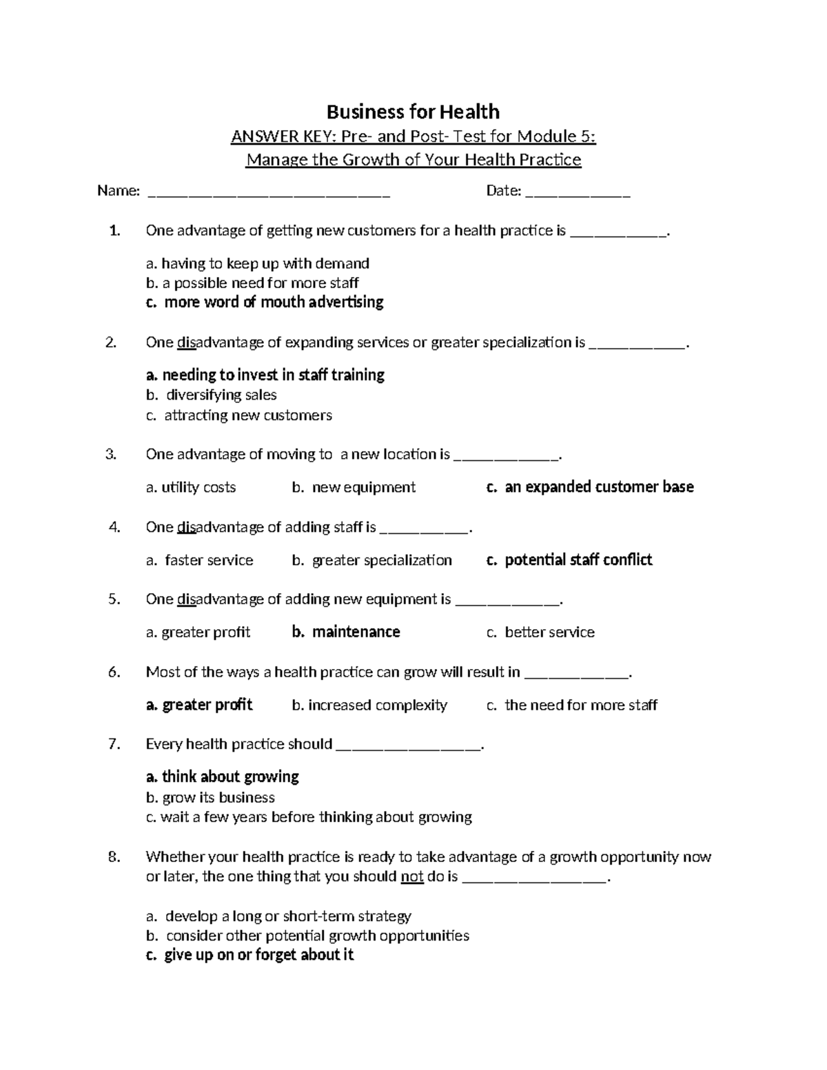Business for Health Module 5 Pre and Post Test Answer KEY - Business ...