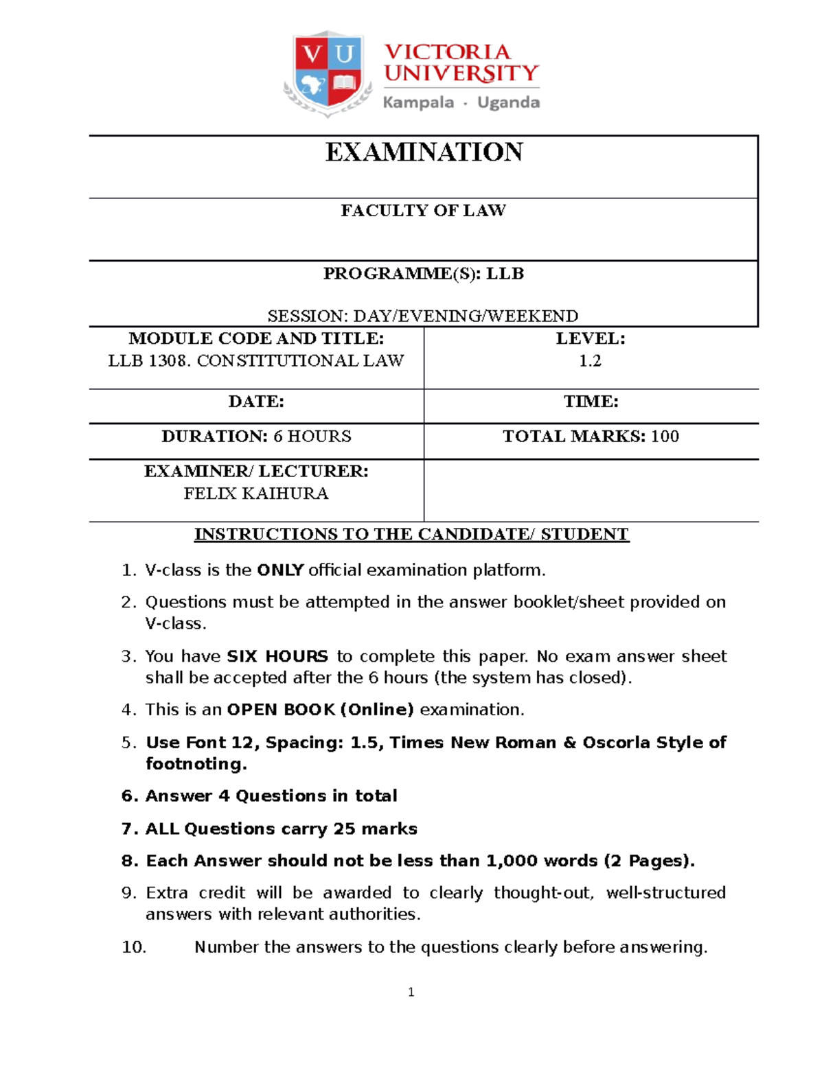 Constitutional LAW - EXAMINATION FACULTY OF LAW PROGRAMME(S): LLB ...