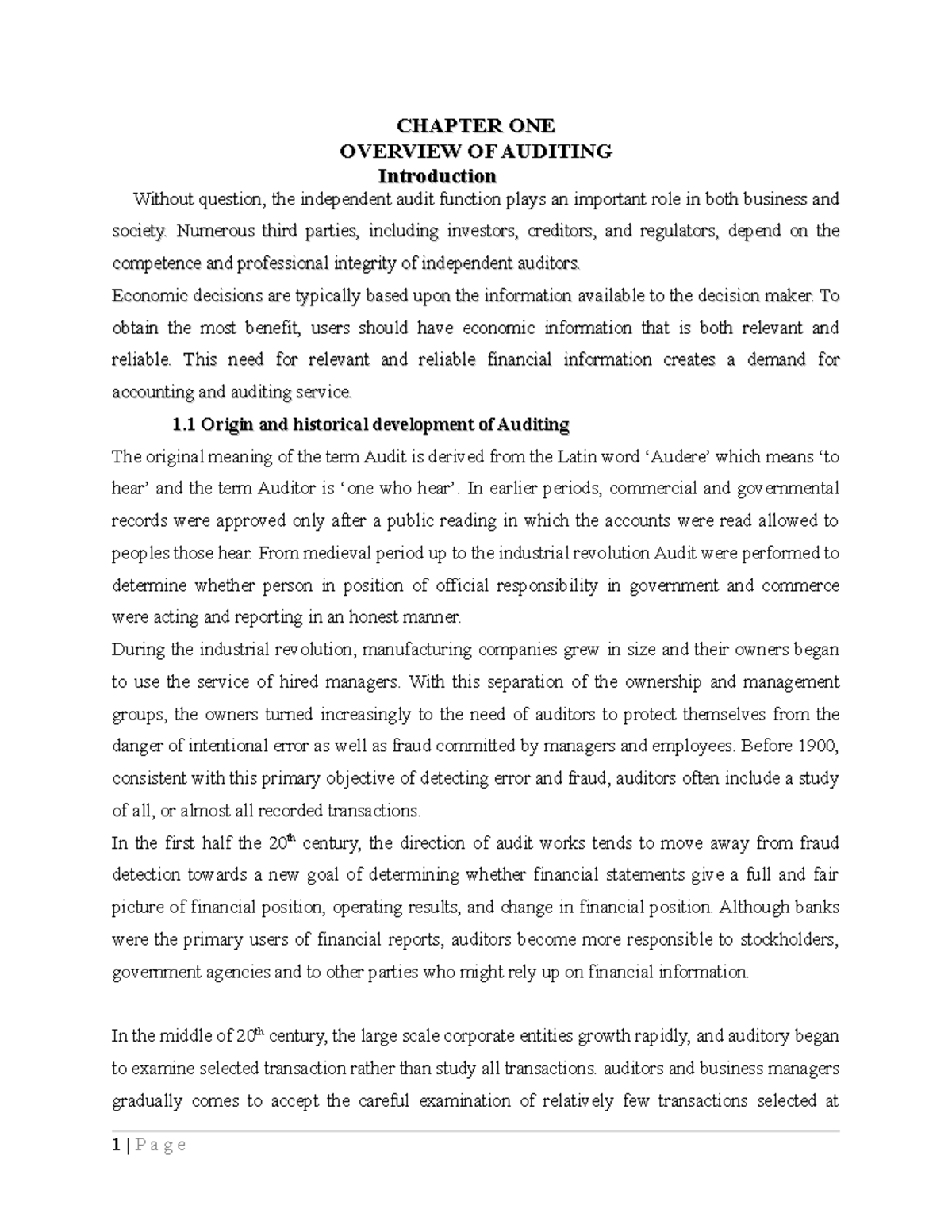 Auditing Principle ch1 - CHAPTER ONECHAPTER ONE OVERVIEW OF AUDITINGOVERVIEW OF AUDITING - Studocu