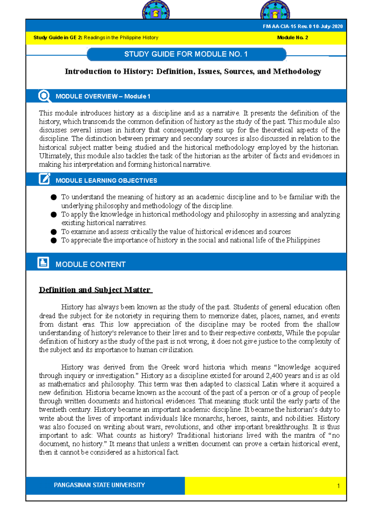 RPH Module 1 Introduction to History Definition - Introduction to History: Definition, Issues ...