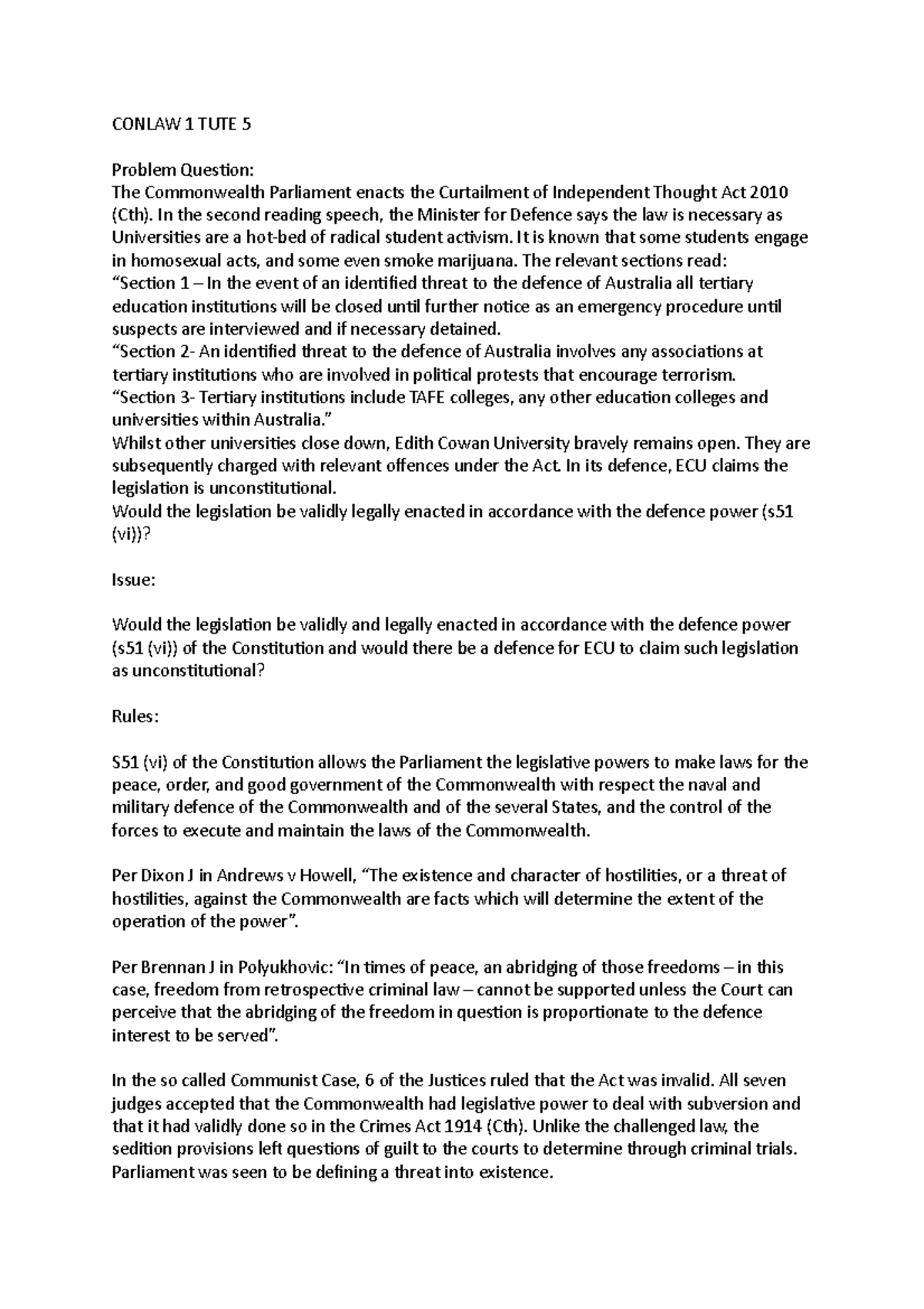 Conlaw 1 TUTE 5 - Tutorial Week 5 - CONLAW 1 TUTE 5 Problem Question: The Commonwealth ...
