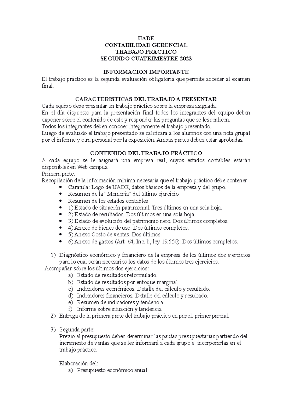 TP Instrucciones segundo cuatrimestre 2023 - UADE CONTABILIDAD GERENCIAL TRABAJO PRÁCTICO ...