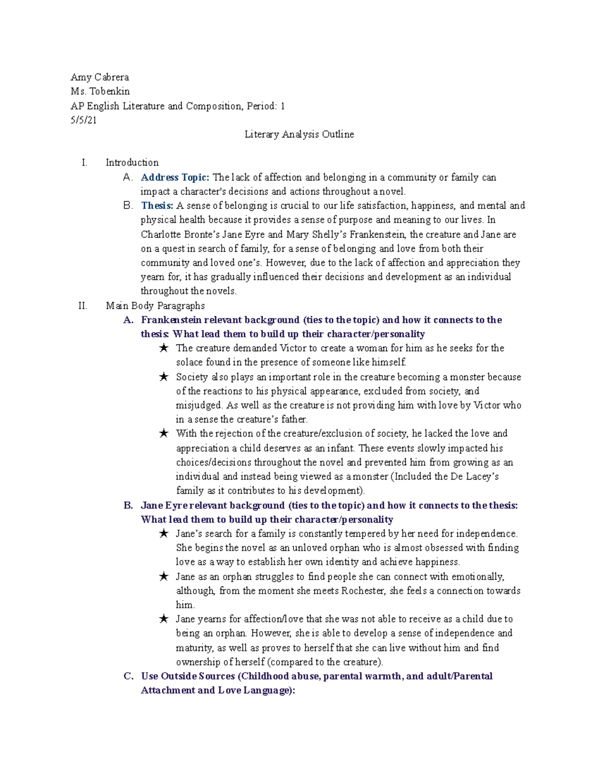 Literary Analysis Outline - Amy Cabrera Ms. Tobenkin AP English ...