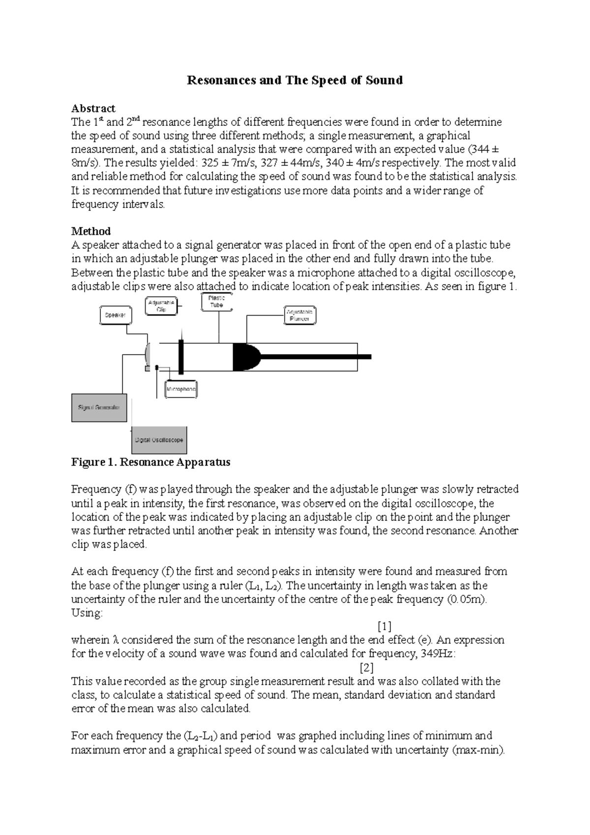 PHYS1210 Lab Report Wk 11 - Resonances and The Speed of Sound Abstract ...