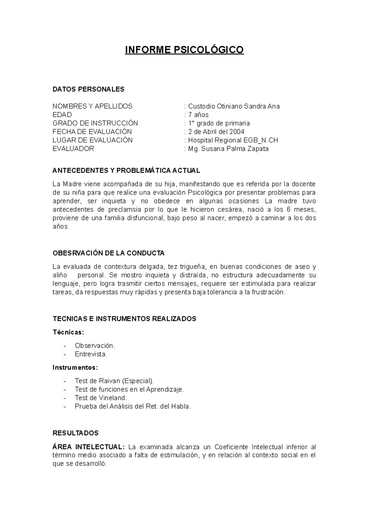 Informe Psicológico - dfdsfdsf - INFORME PSICOLÓGICO DATOS PERSONALES ...