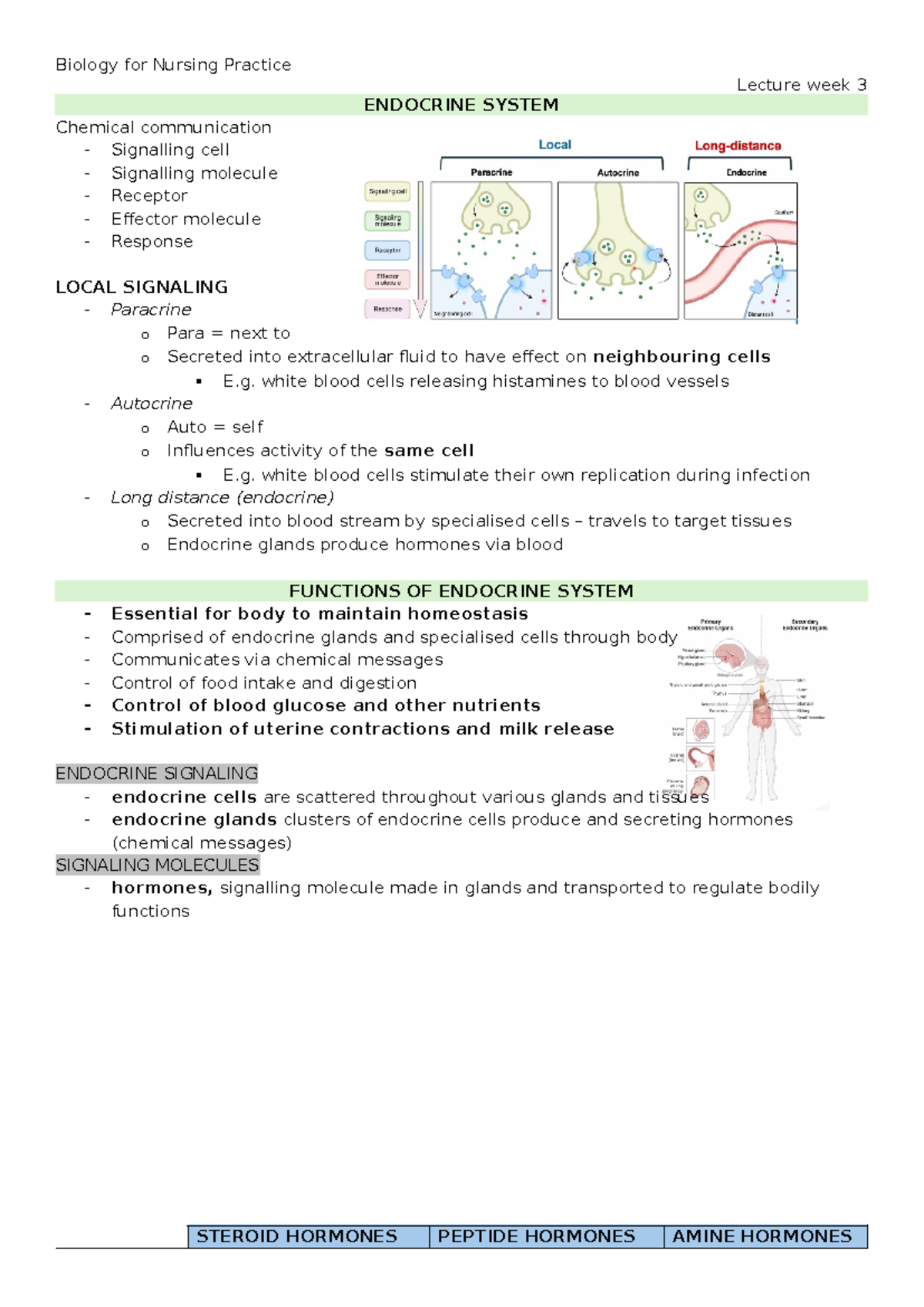 Endocrine System - notes - Lecture week 3 ENDOCRINE SYSTEM Chemical ...