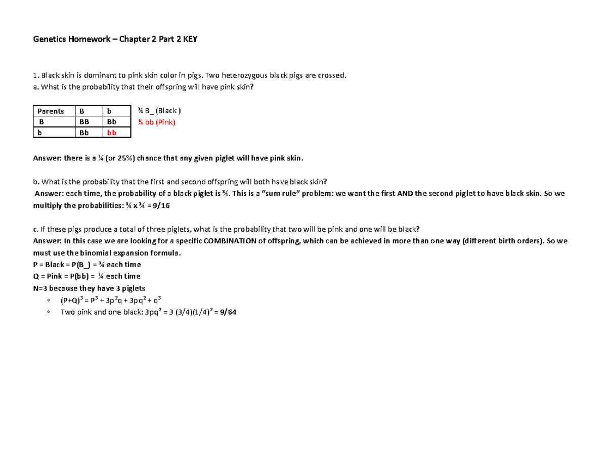 Genetics Homework - Chapter 2 Part 2 KEY - Genetics Homework – Chapter ...