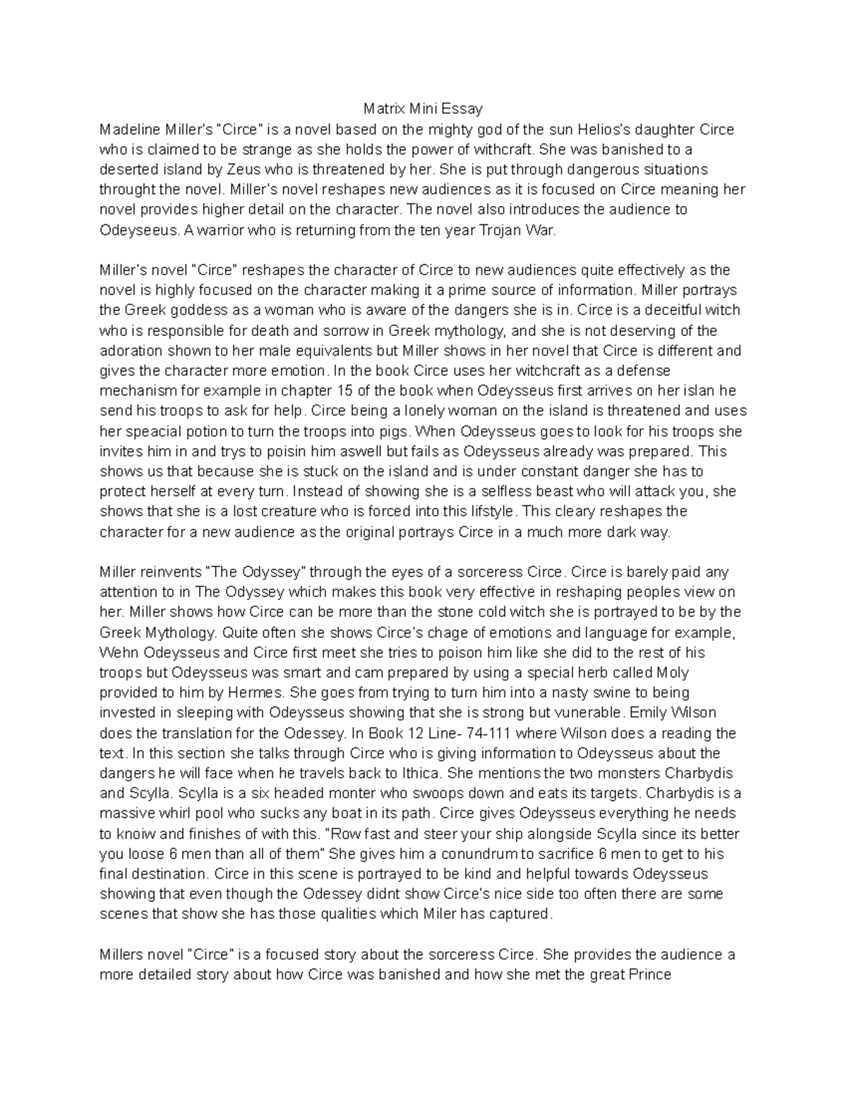 Matrix Mini Essay - yes - Matrix Mini Essay Madeline Miller’s “Circe ...