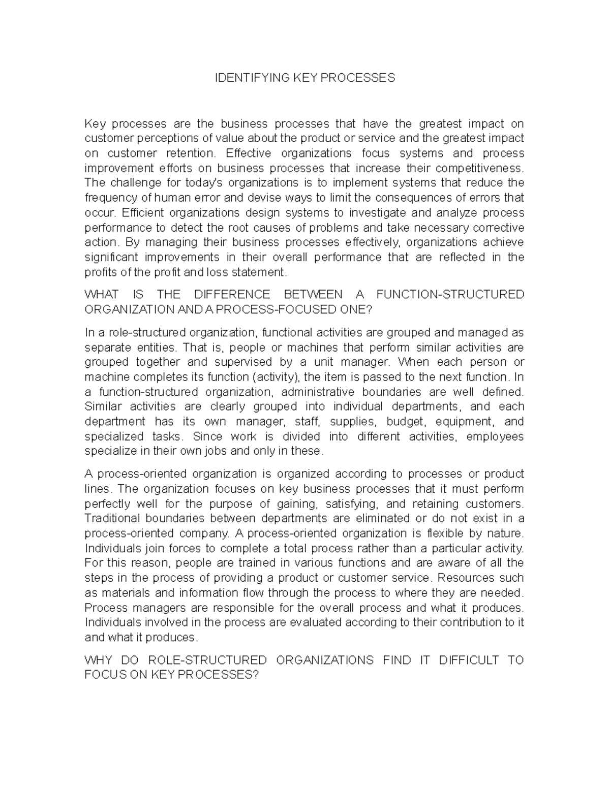 IDENTIFYING KEY PROCESSES - Effective organizations focus systems and ...