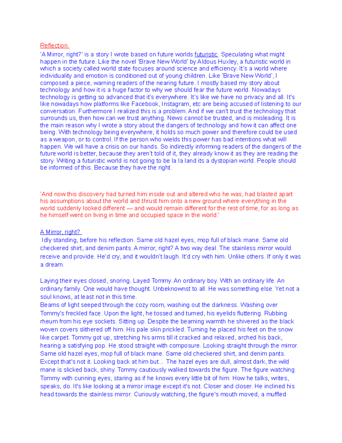Creative Writing Draft - Reflection ‘A Mirror, right?’ is a story I ...