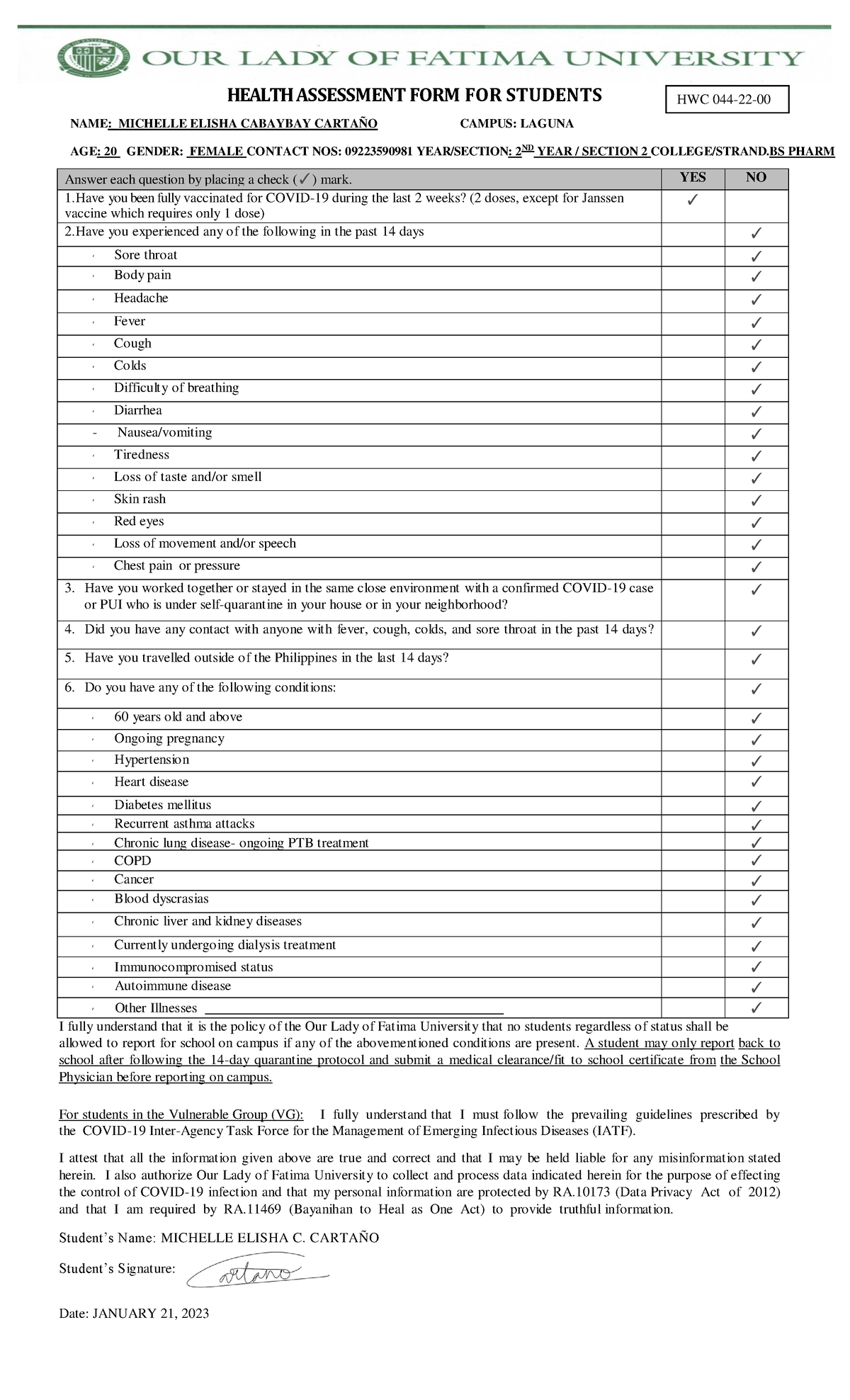 Cartaño Health Assessment FORM FOR Students - HEALTH ASSESSMENT FORM ...