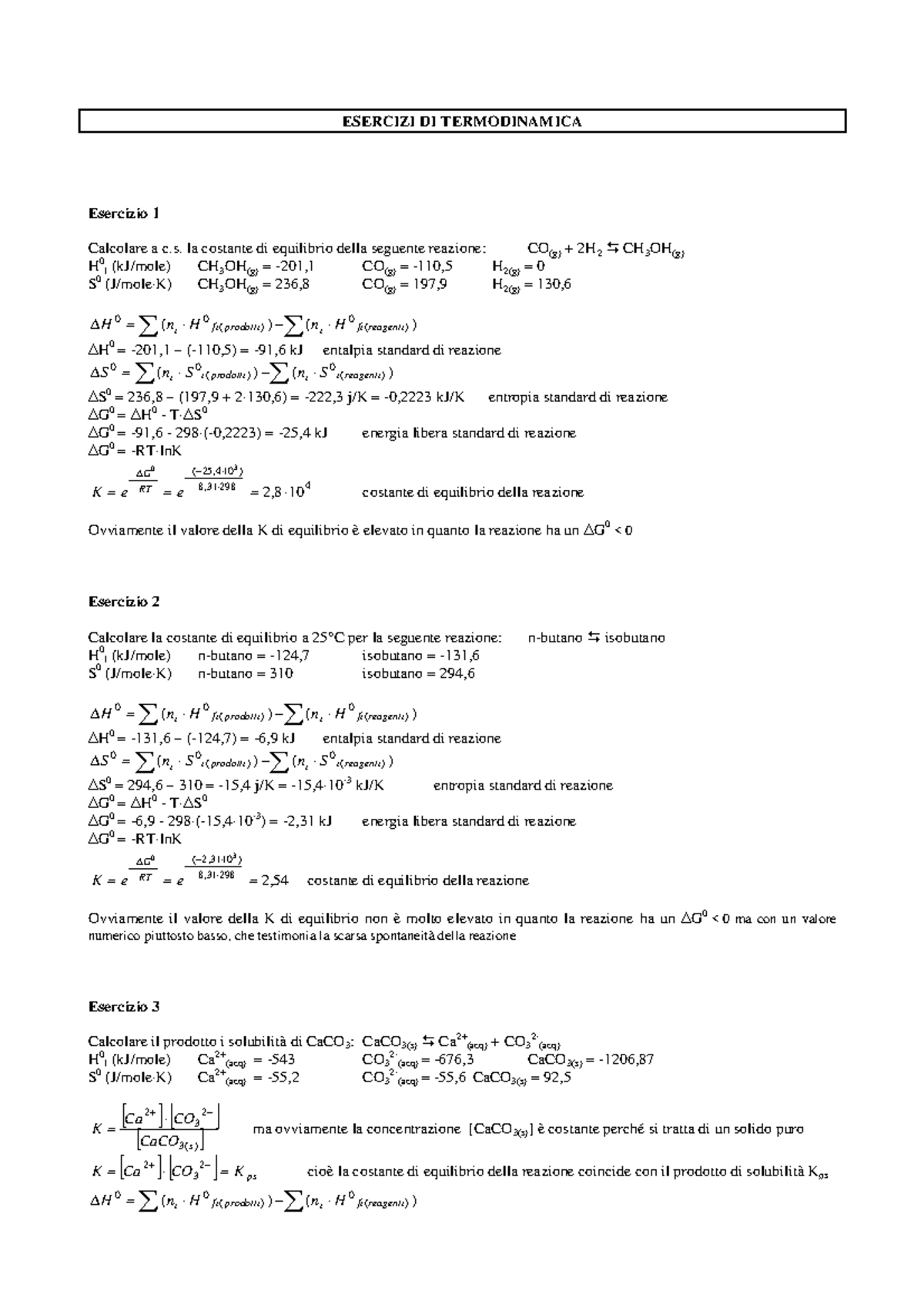 Termodinamica esercizi - ESERCIZI DI TERMODINAMICA Esercizio 1 ...