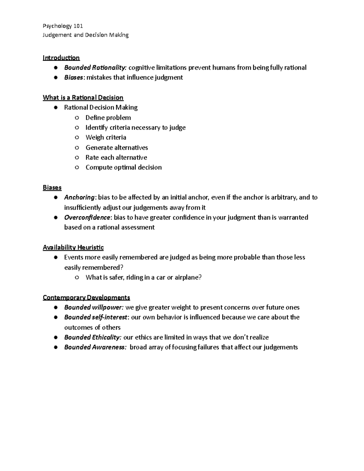 PSY 101 Judgement and Decision Making Lecture Notes Winter 23 ...