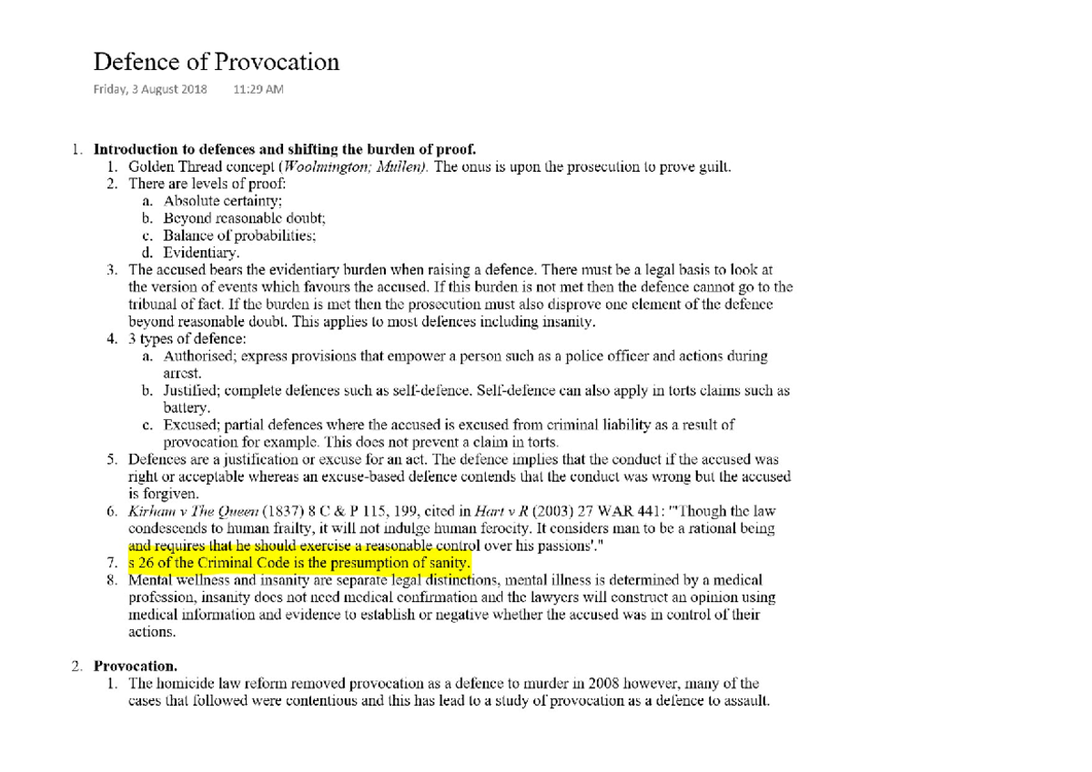 Crim law 2 notes - Defence of Provocation Friday, 3 August 2018 11:29 ...