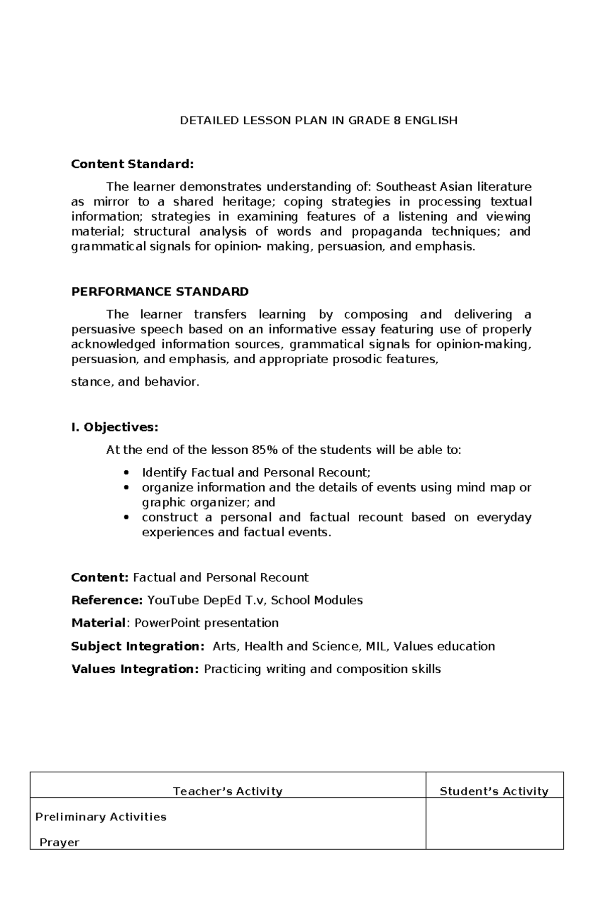 Daily Teaching LP(Recount) - DETAILED LESSON PLAN IN GRADE 8 ENGLISH ...