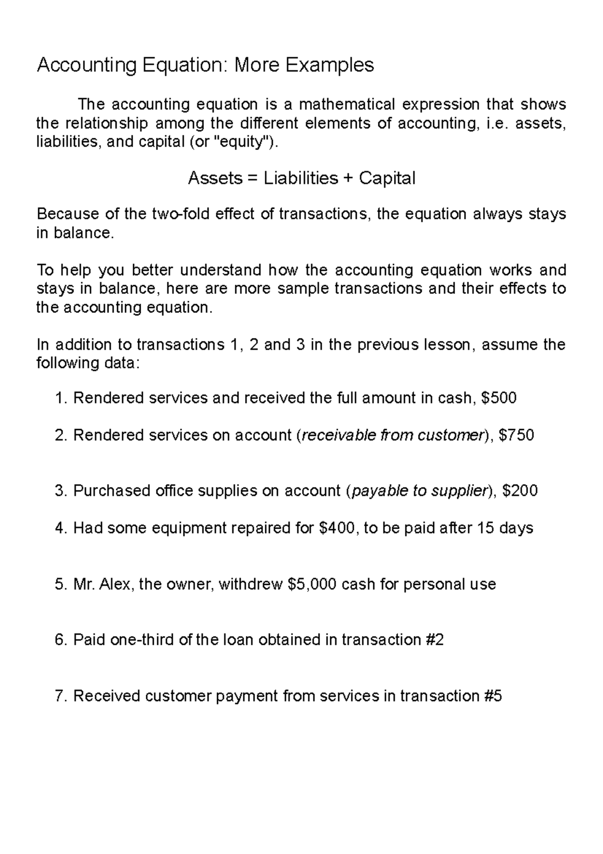 Accounting Equation More Examples - assets, liabilities, and capital ...
