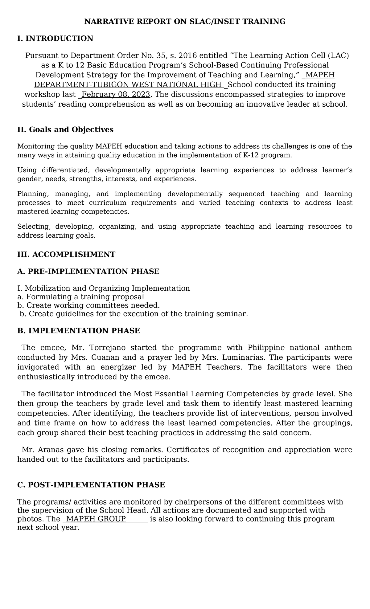 Narrative- Report Insetslac - NARRATIVE REPORT ON SLAC/INSET TRAINING I ...